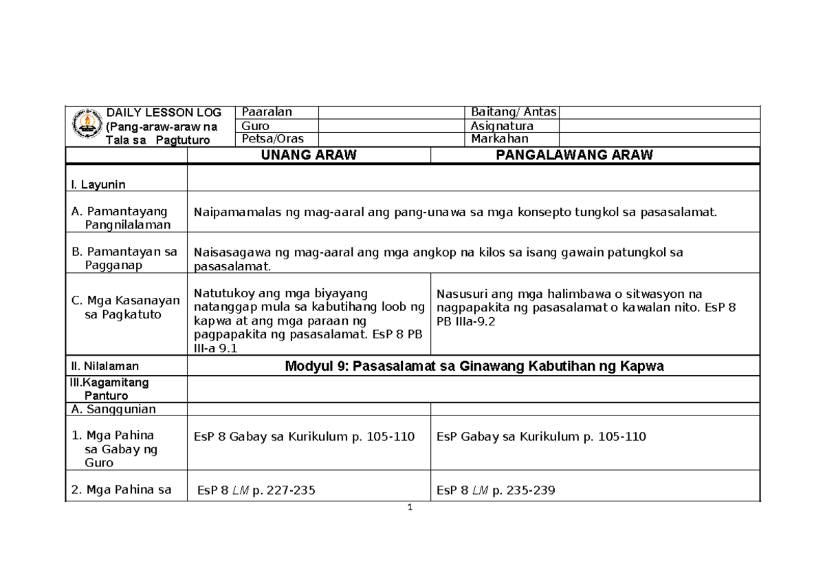 ESP8-DLL - N/A - DAILY LESSON LOG (Pang-araw-araw na Tala sa Pagtuturo ...