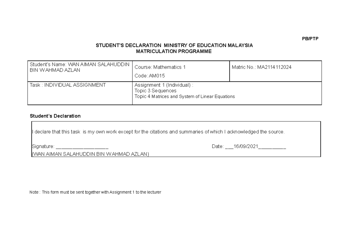 PTP MTP AM015 2021 - PB/PTP STUDENT’S DECLARATION MINISTRY OF EDUCATION MALAYSIA MATRICULATION ...