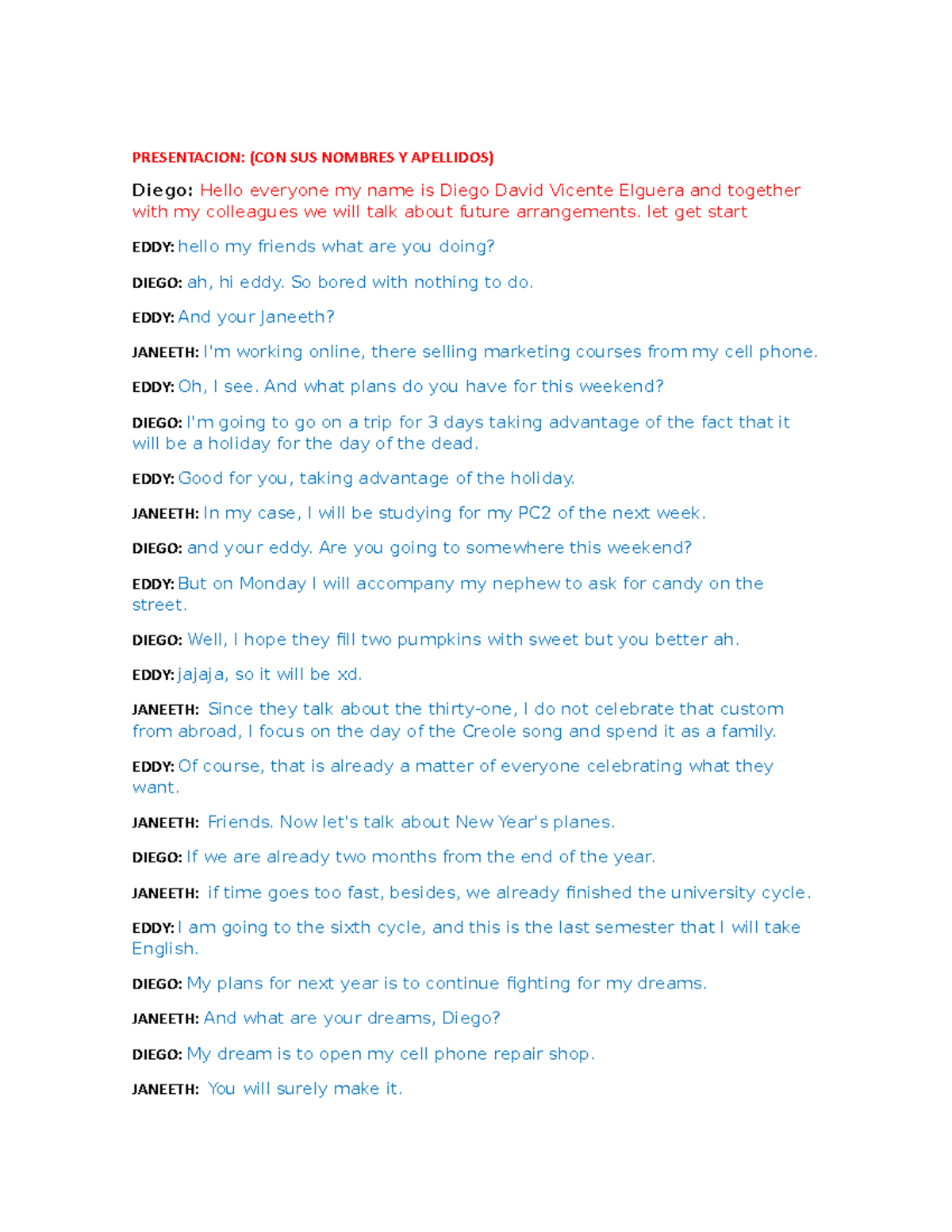 Guion Semana 11 Ingles 4 - PRESENTACION: (CON SUS NOMBRES Y APELLIDOS ...