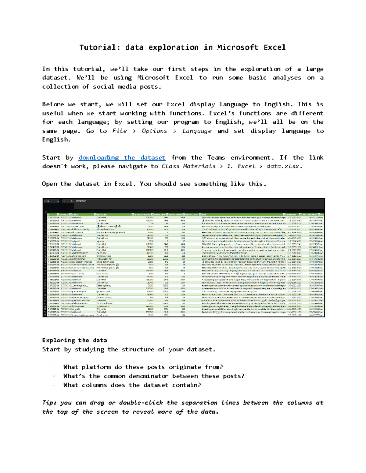 Tutorial 1 Excel Basics Tutorial Data Exploration In Microsoft Excel In This Tutorial We