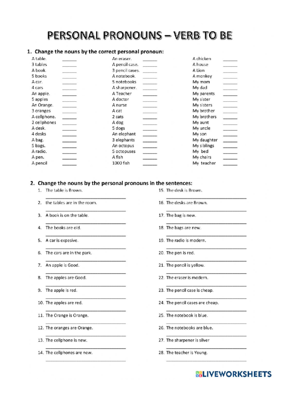Worksheet pronouns and verb to be - PERSONAL PRONOUNS VERB TO BE 1 ...