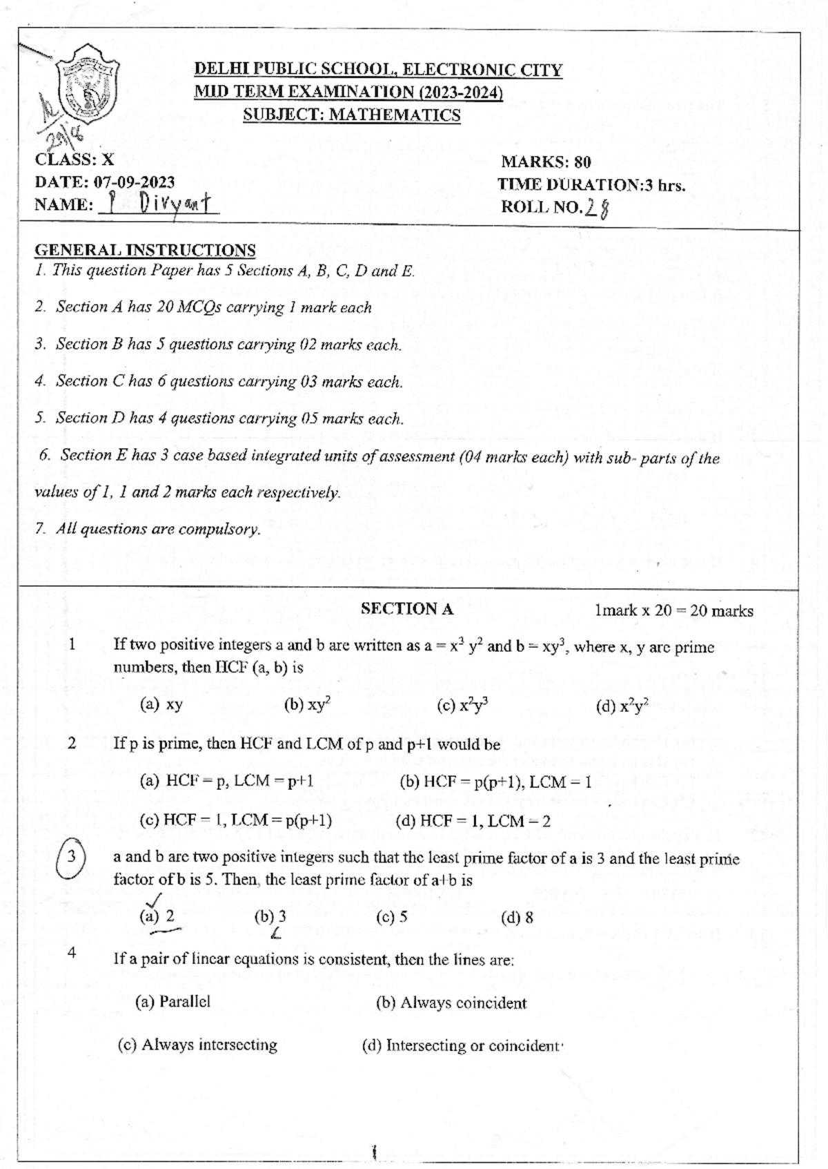 Maths Mid-Term Question Paper 2023-24 - DELHI PUBLIC SCHOOL, ELECTRONIC ...
