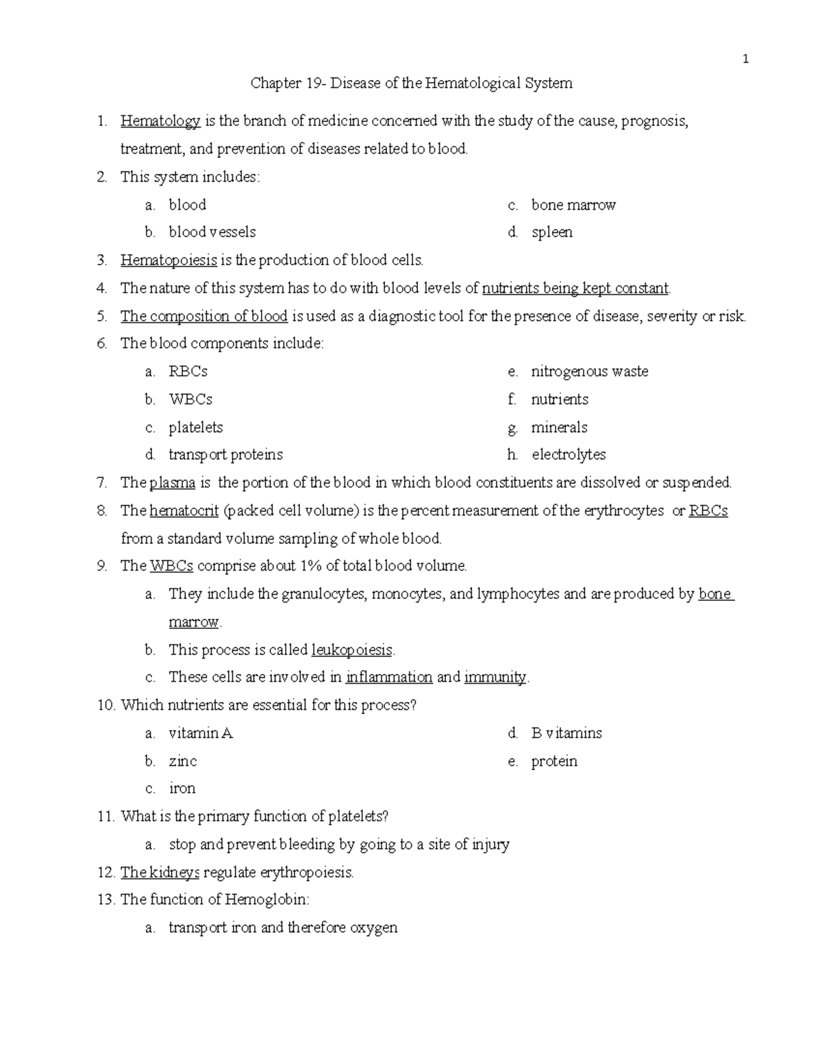 NFS 486 Hematology Notes - Chapter 19- Disease of the Hematological ...
