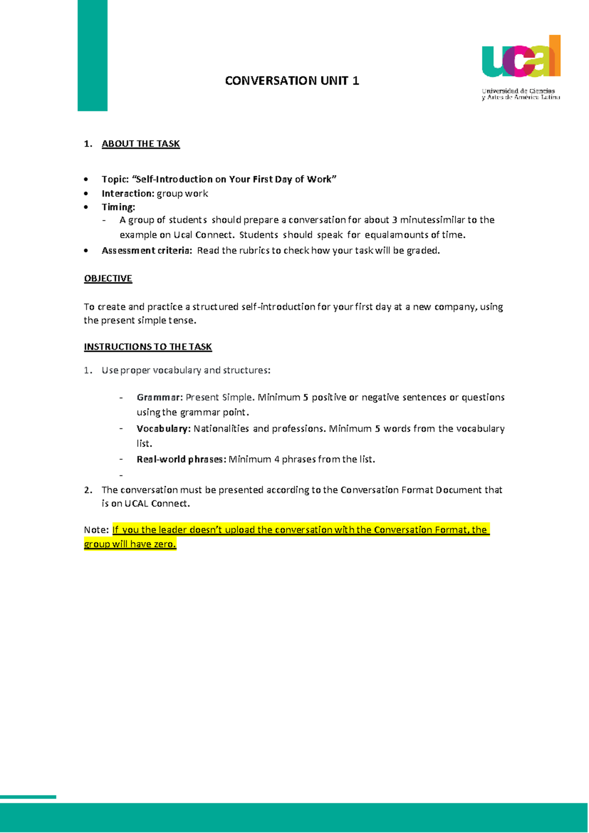 UNIT 1 - Written Conversation - CONVERSATION UNIT 1 1. ABOUT THE TASK ...