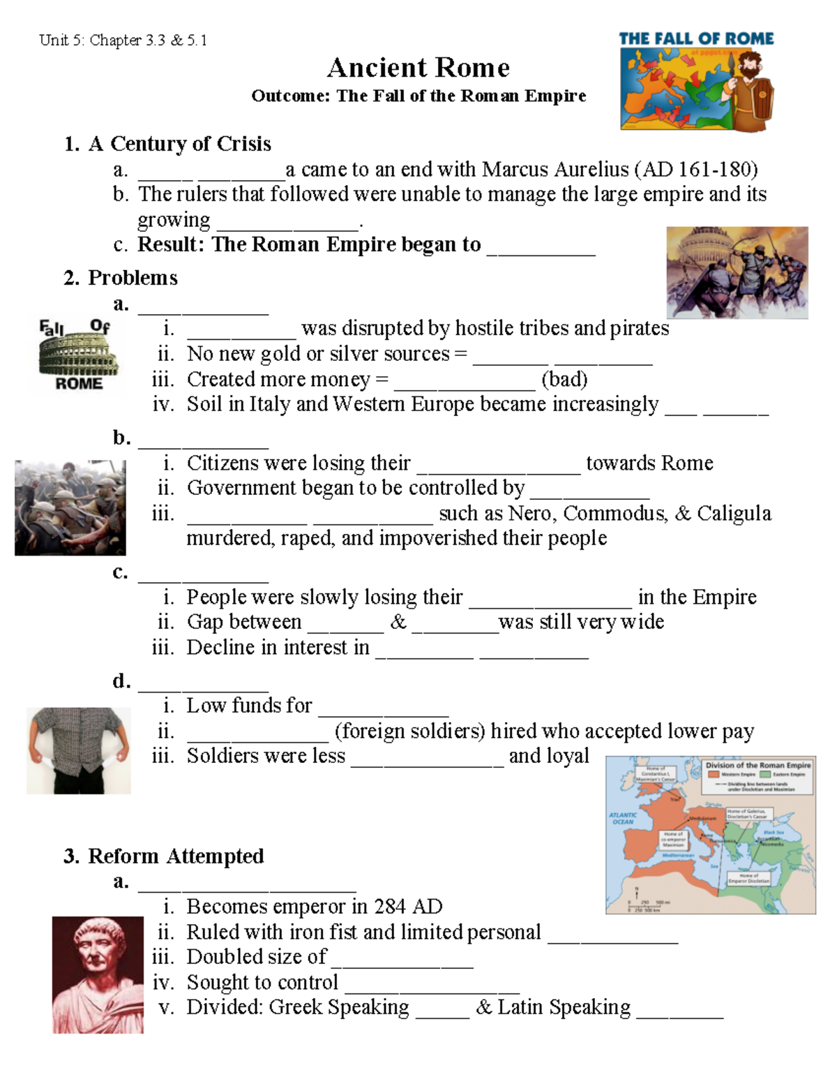 Fall of Roman Empire Guided Notes - Unit 5: Chapter 3 & 5. Ancient Rome ...