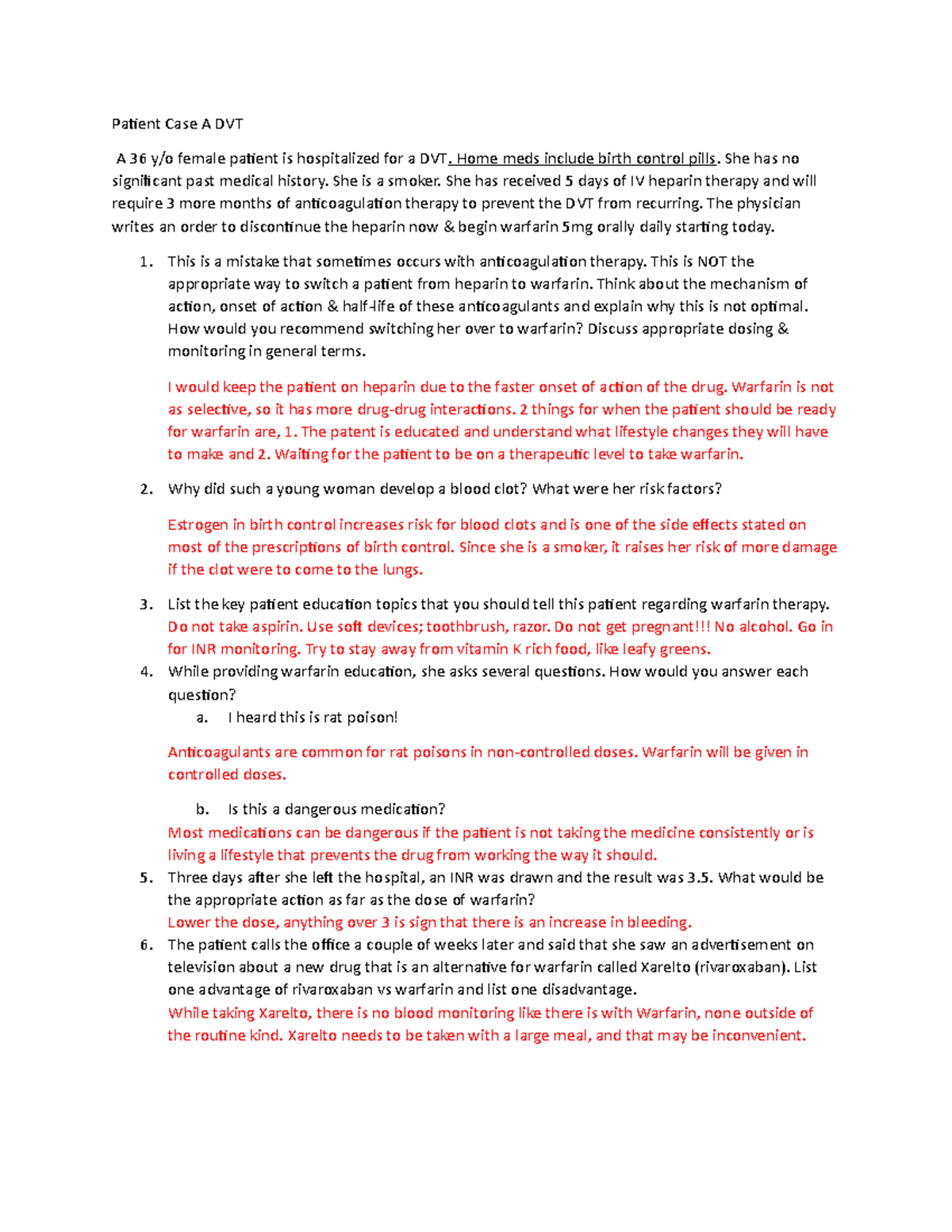 Case studies 1 - Patient Case A DVT A 36 y/o female patient is ...
