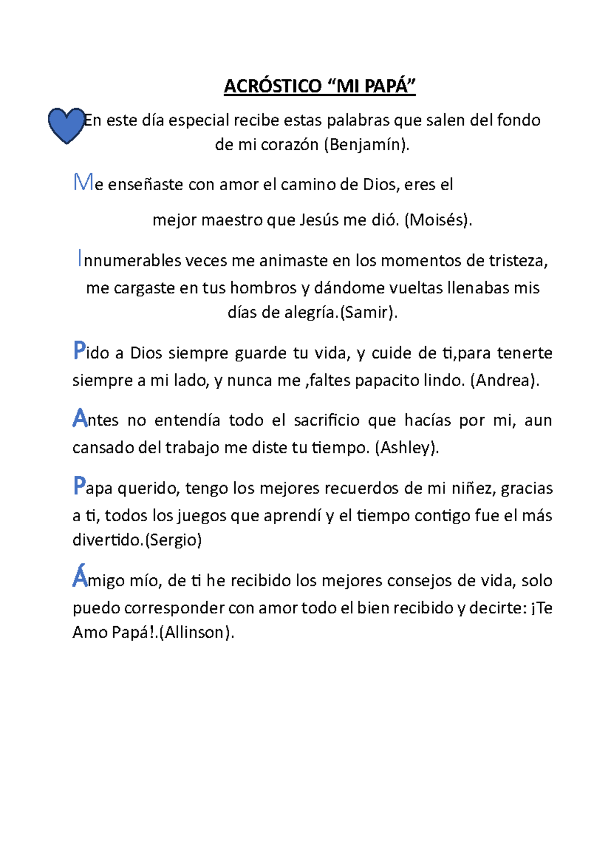 Acróstico - Acrostico - ACRÓSTICO “MI PAPÁ” En este día especial recibe ...