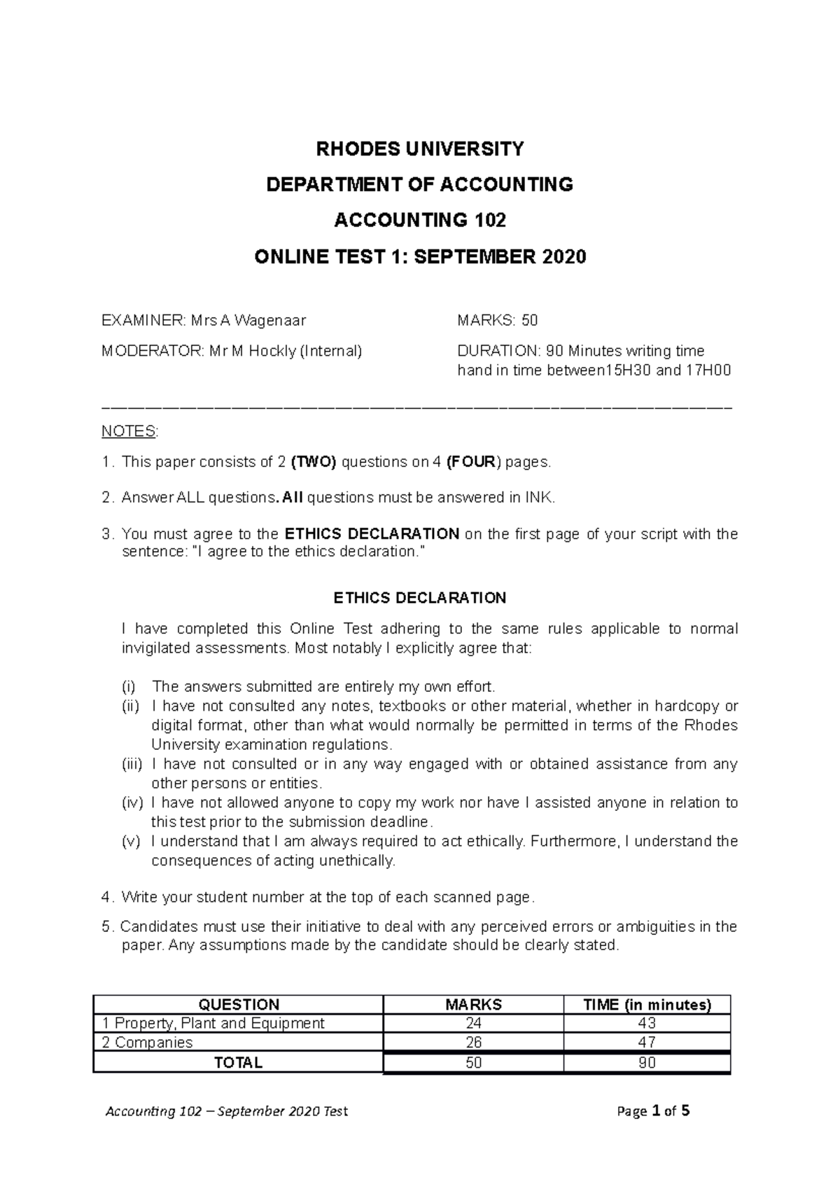 Acc 102 TEST 1 2020 Only Questions - RHODES UNIVERSITY DEPARTMENT OF ...