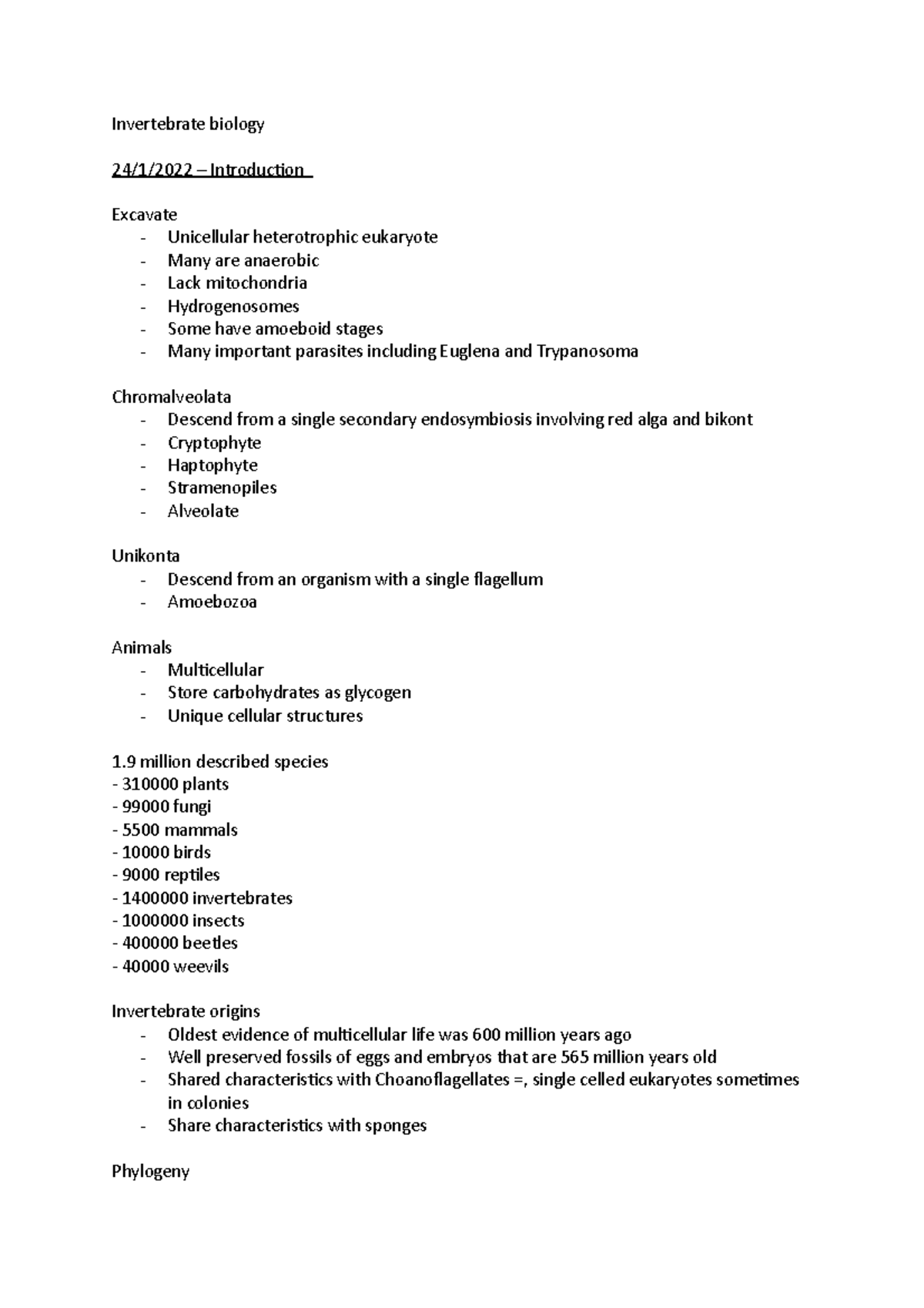 Invertebrate Biology - Main Notes - Invertebrate biology 24/1/2022 ...
