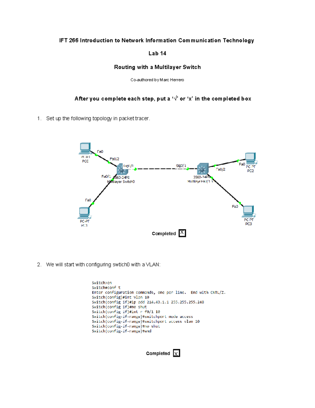 Lab 14 (Routing with a Multilayer Switch) - IFT 266 Introduction to Network Information - Studocu