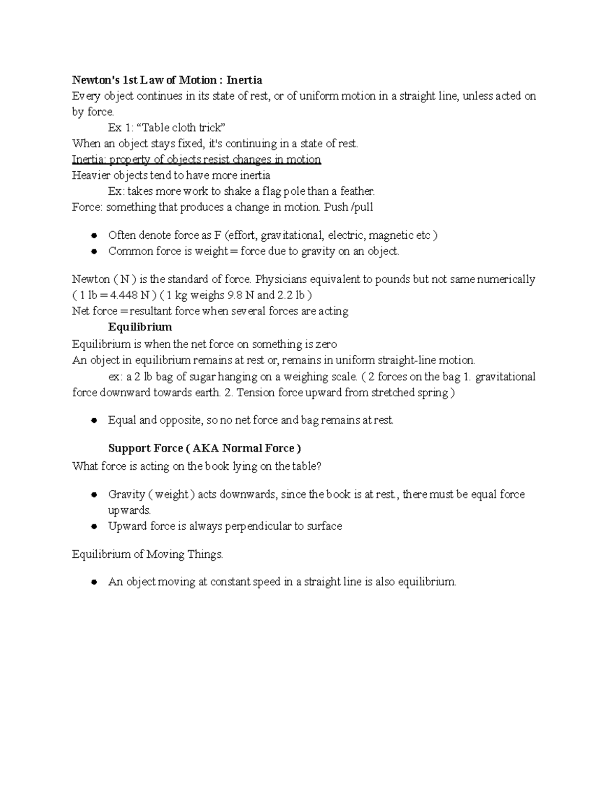 Chapter 1 physics - Newton's 1st Law of Motion : Inertia Every object ...