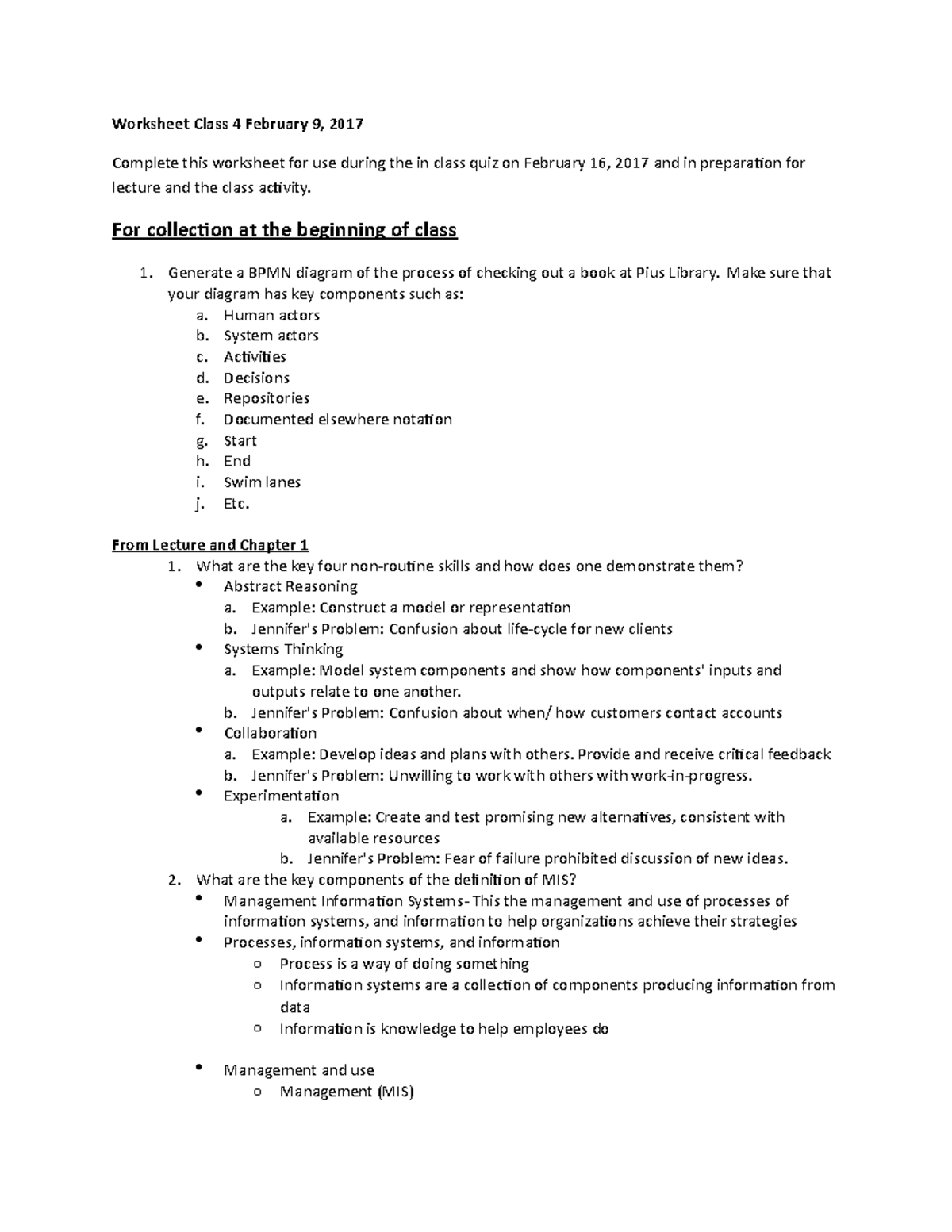 WS 4 Lecture Notes 4 Worksheet Class 4 February 9 2017 Complete