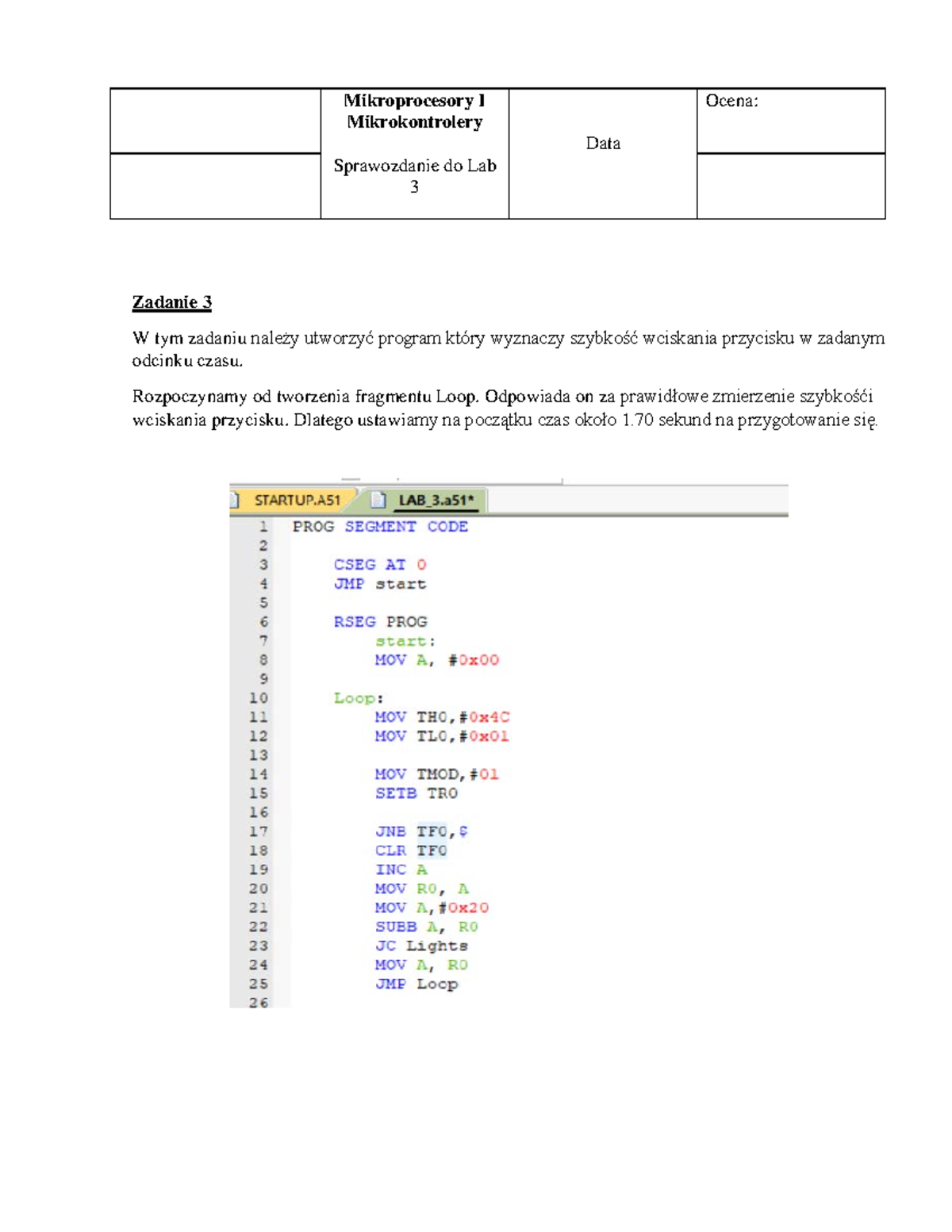 Mi M lab3 - Mikroprocesory i mikrokontrolery - Mikroprocesory I Mikrokontrolery Data Ocena ...