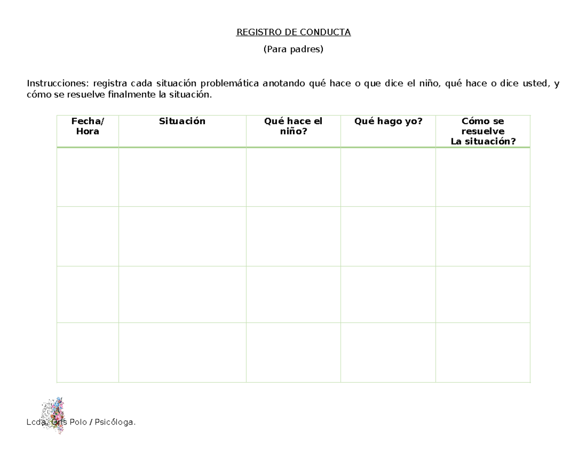 Resgistro de conducta para padres - Psicología Educativa - REGISTRO DE ...