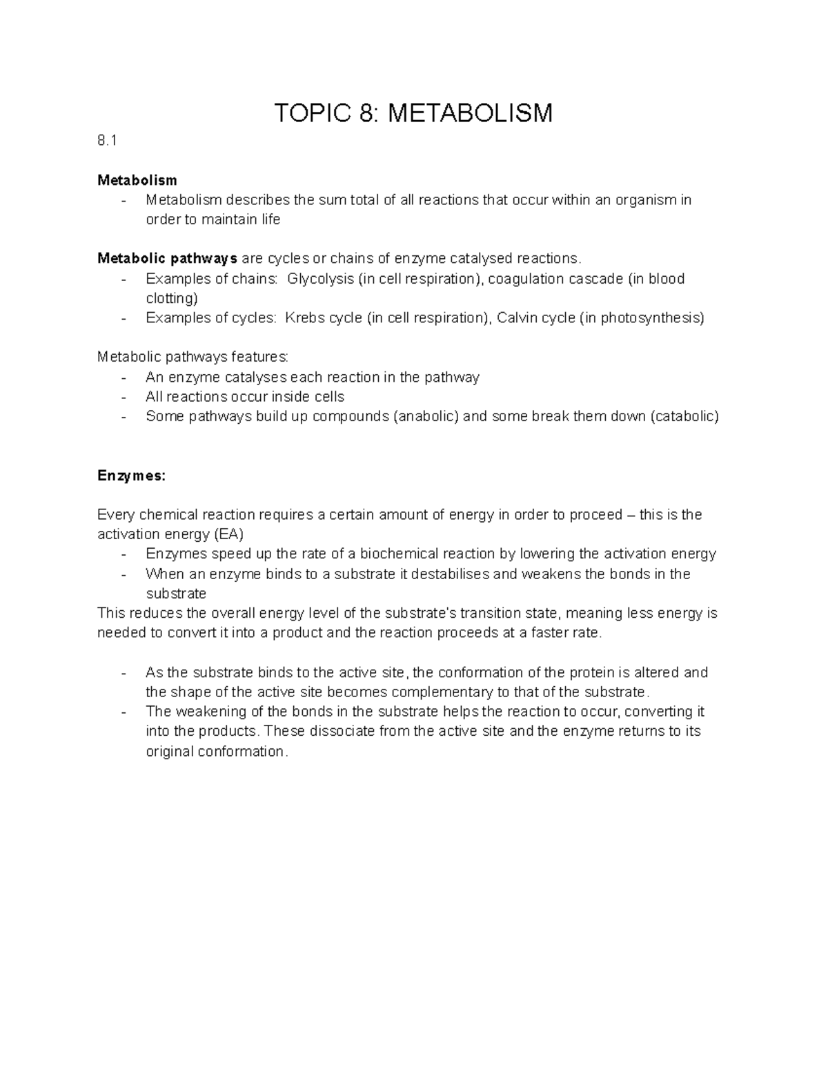 Notes Topic 8 - TOPIC 8: METABOLISM 8. Metabolism - Metabolism ...
