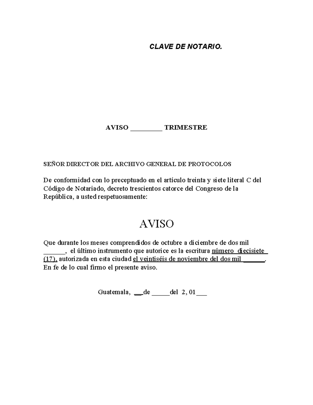 Ejemplos DE Avisos - CLAVE DE NOTARIO. AVISO _________ TRIMESTRE ...