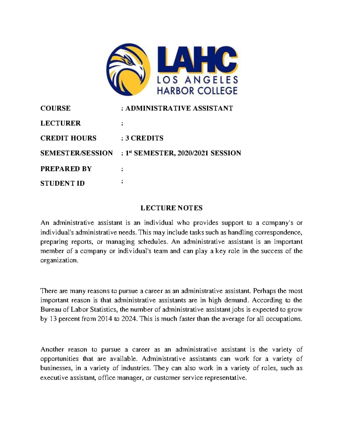 Administrative Assistant Lecture Notes 2021 - COURSE : ADMINISTRATIVE ...