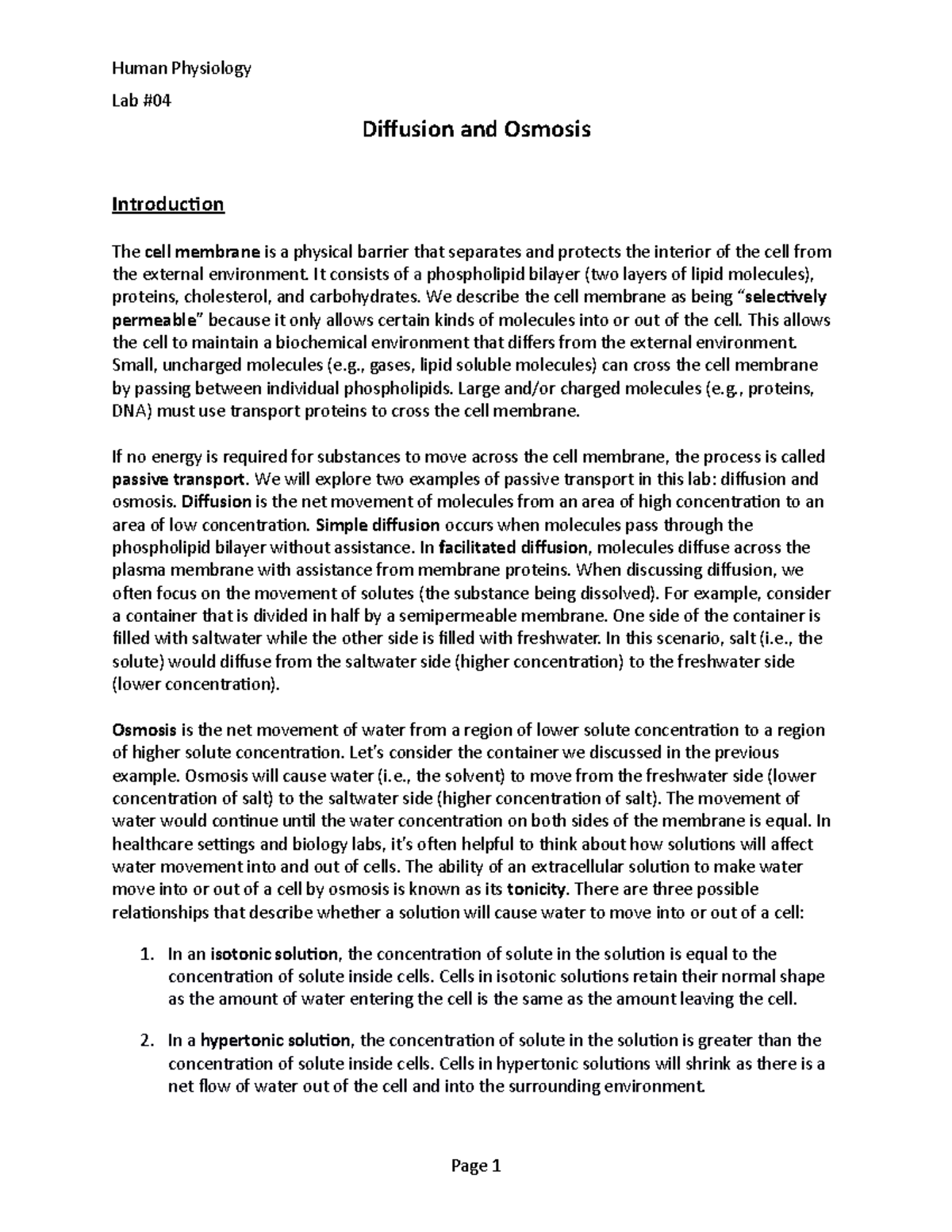 Lab 04 Diffusion And Osmosis Lab Diffusion And Osmosis Introduction The Cell Membrane Is A