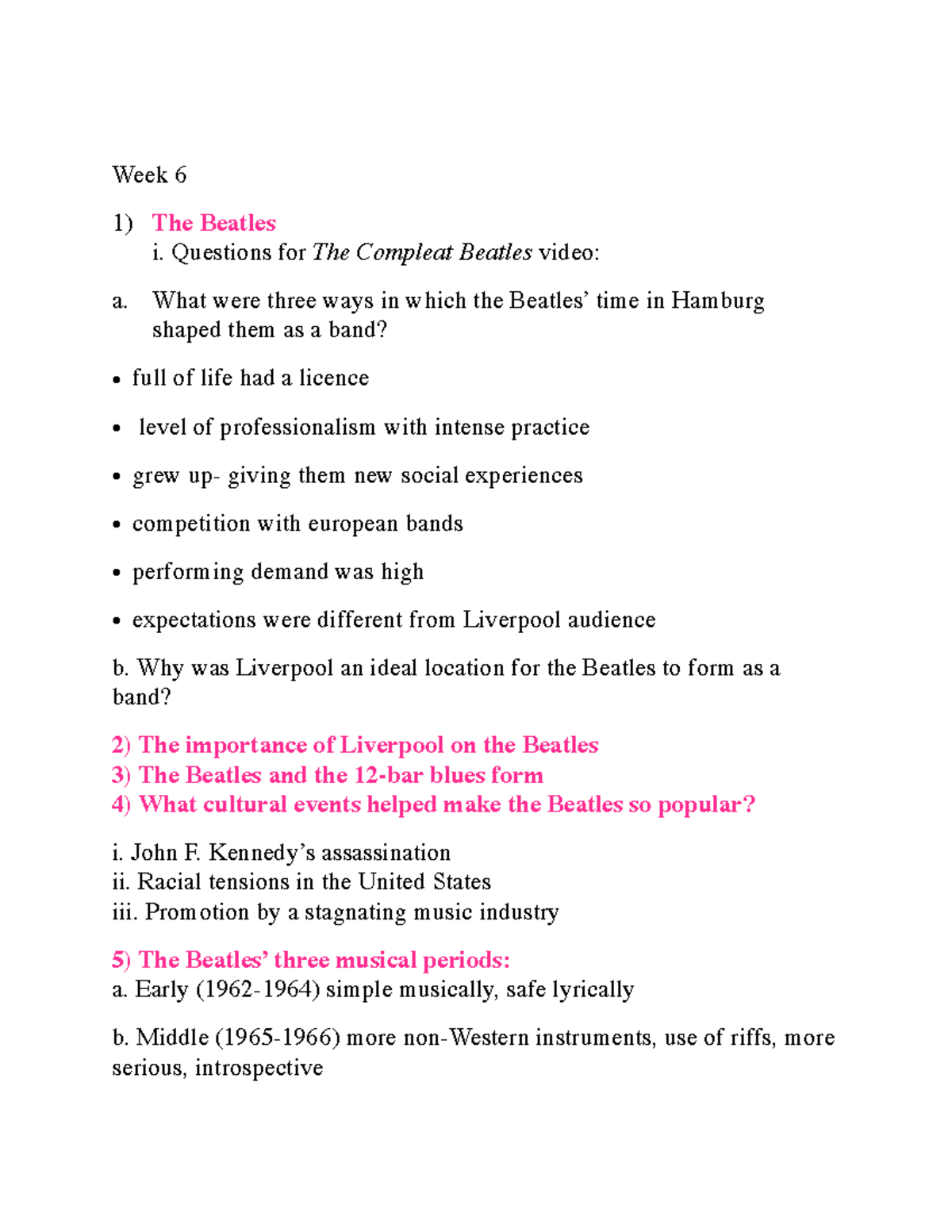 Music Lec week 6 - Week 6 1) The Beatles i. Questions for The Compleat ...