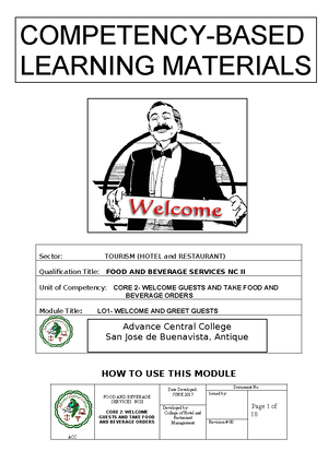 Session PLAN- FBS NC II-CORE 1- Prepare THE Dining Roomrestaurant AREA ...