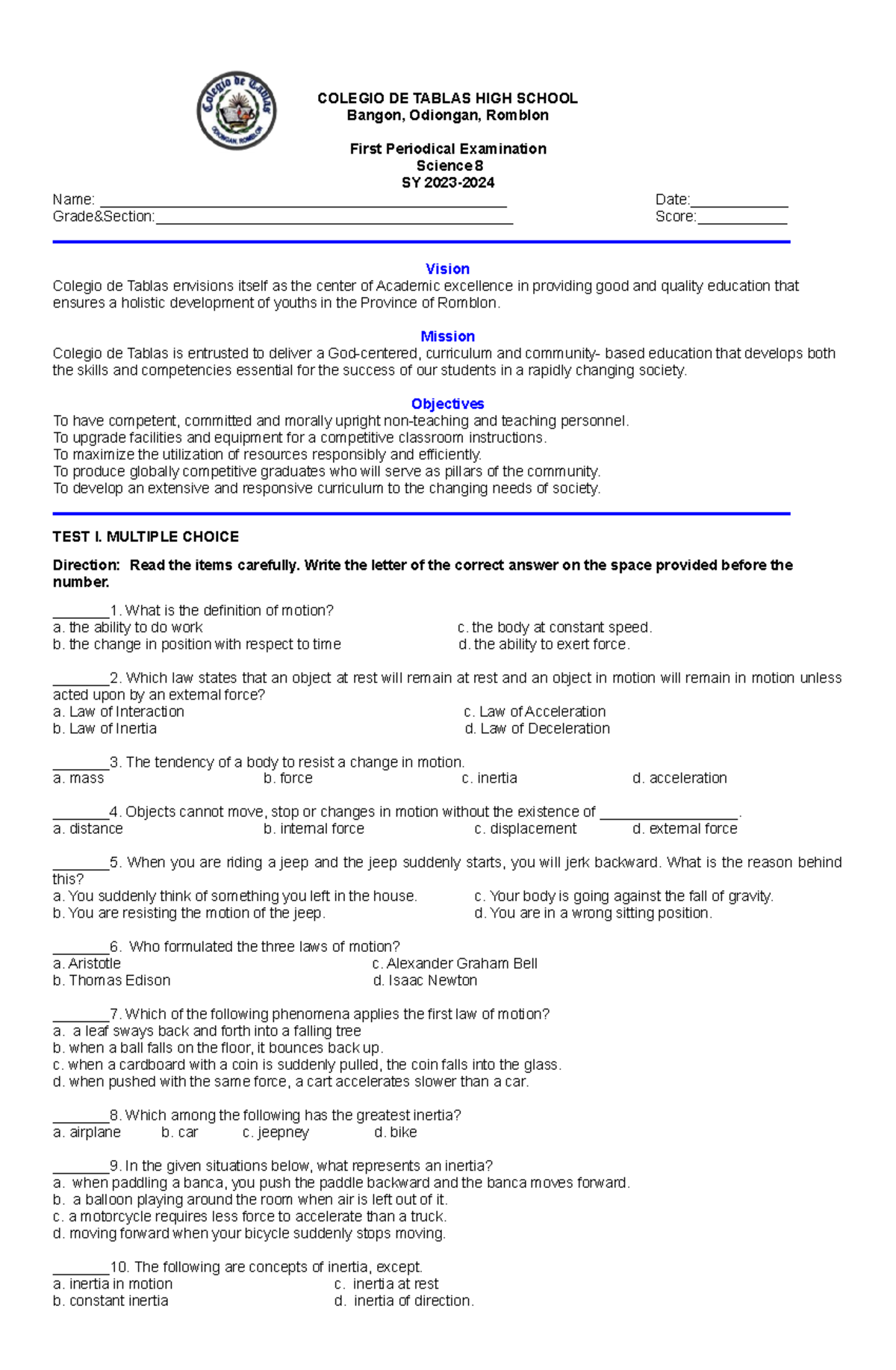 Science exam of grade 8 - COLEGIO DE TABLAS HIGH SCHOOL Bangon ...