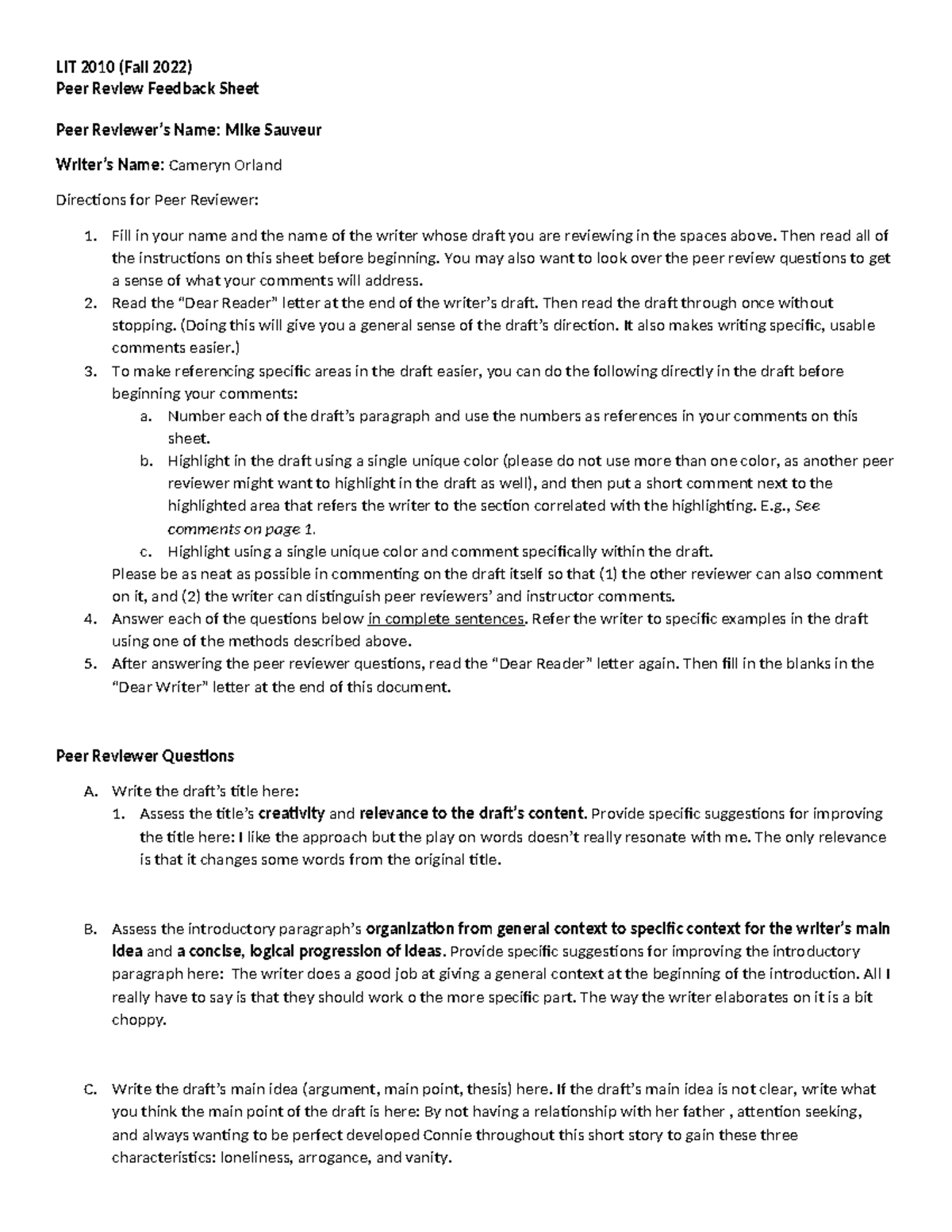 Lit Great gatsby work - LIT 2010 (Fall 2022) Peer Review Feedback Sheet ...