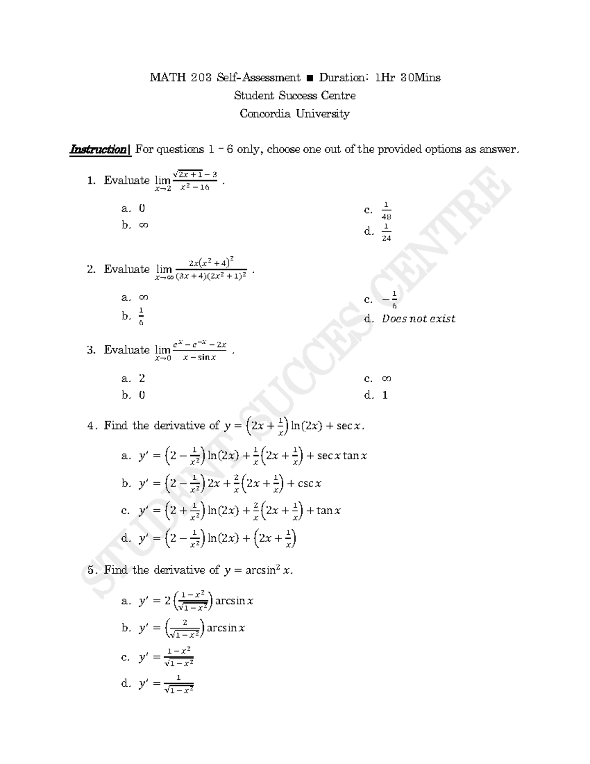 Math 203 self assessment student success center - MATH 203 Self ...