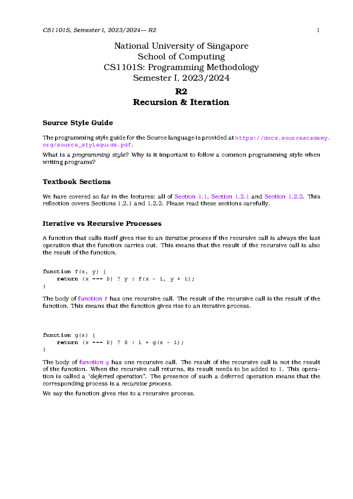 Reflection-R2 - Nil - National University of Singapore School of Computing CS1101S: Programming ...