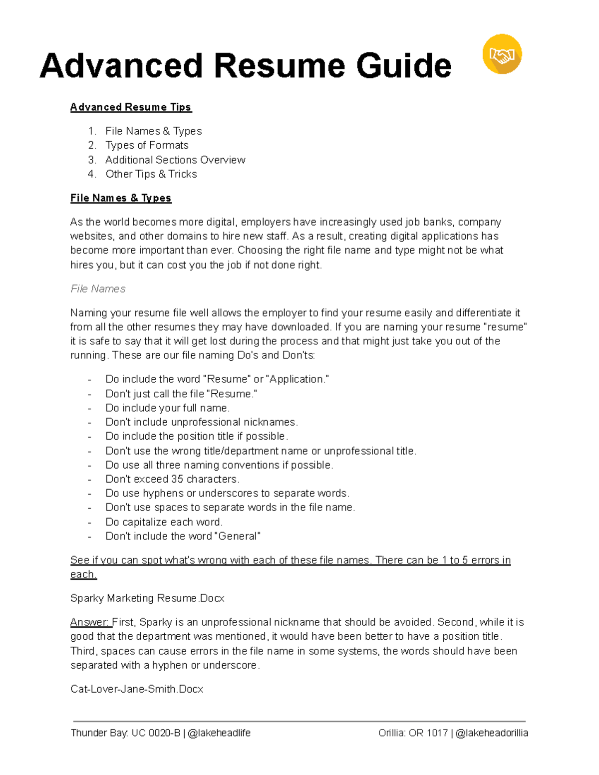 Advance Resume Guide - Advanced Resume Tips 1. File Names & Types 2 ...