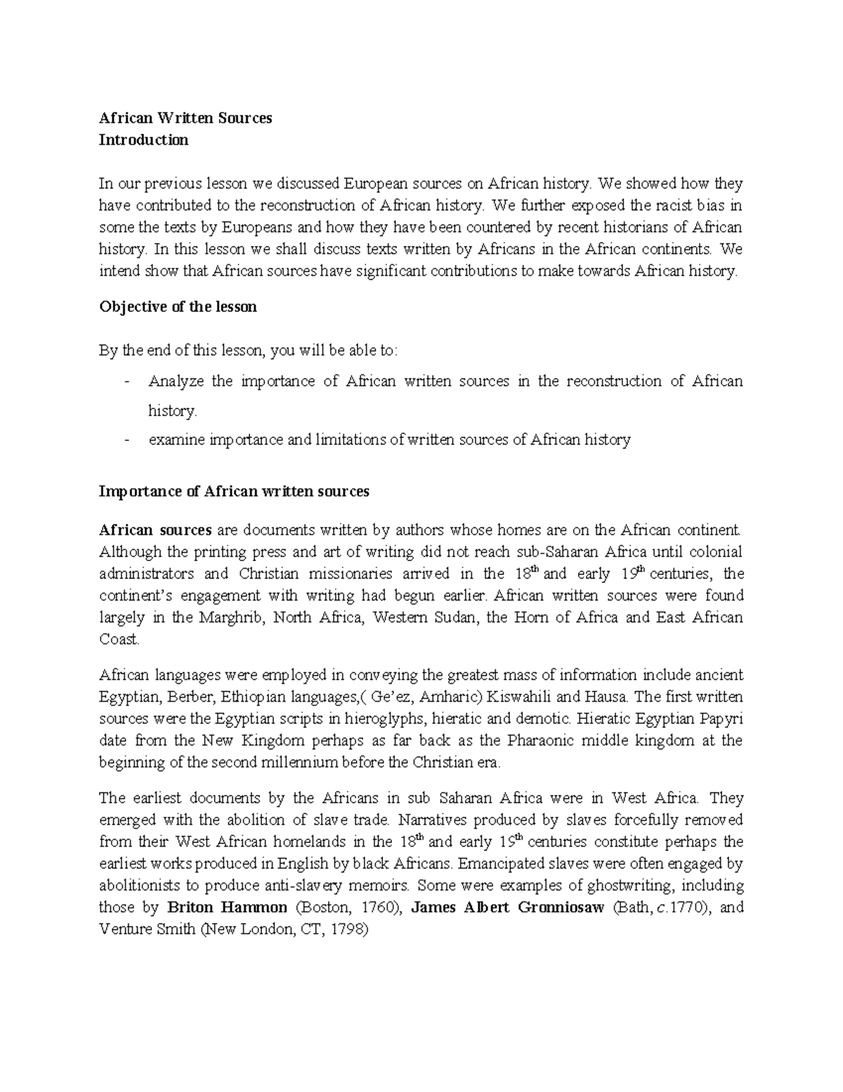 African Written Sources - African Written Sources Introduction In our ...