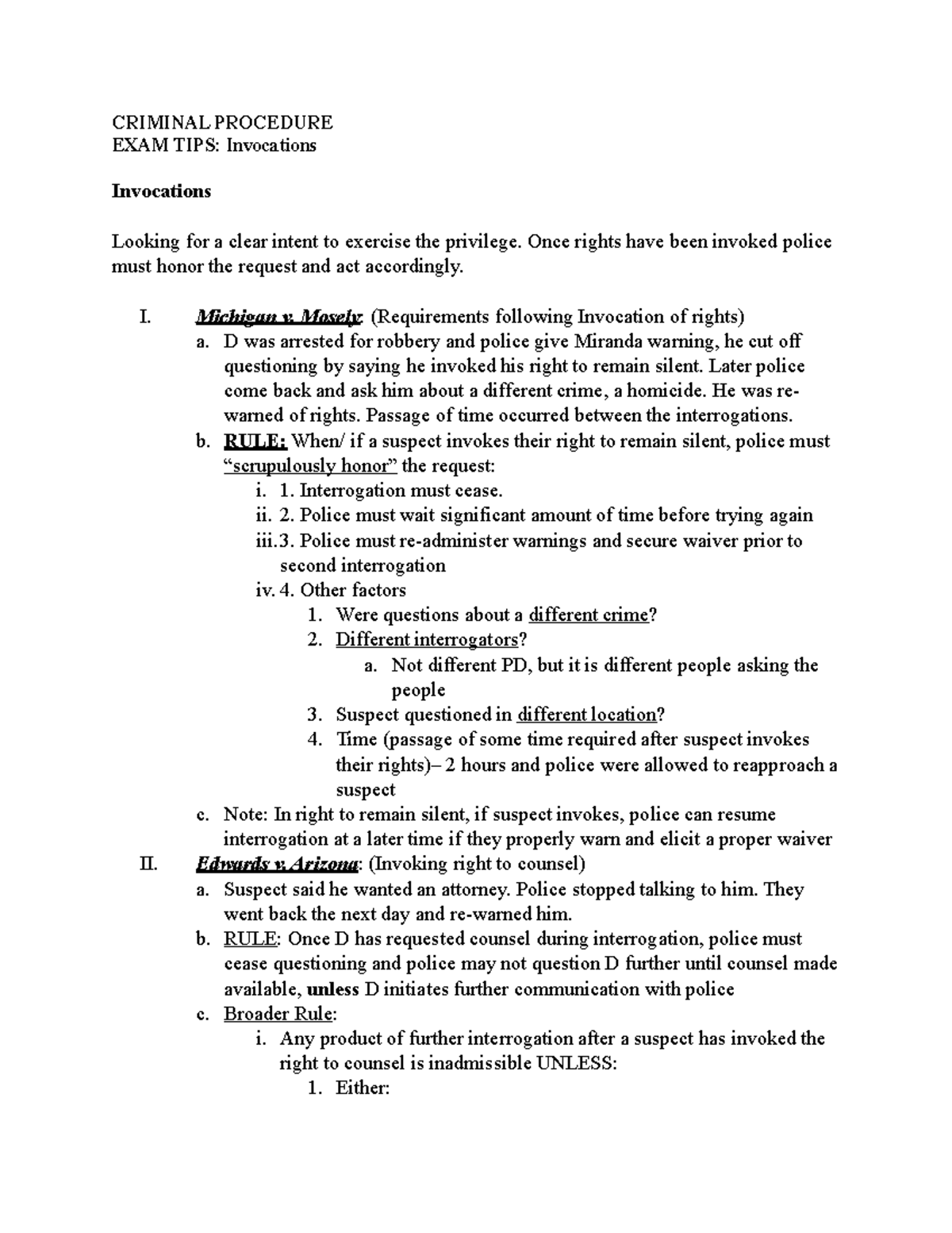 Criminal Procedure EXAM TIPS- Invocations - CRIMINAL PROCEDURE EXAM ...