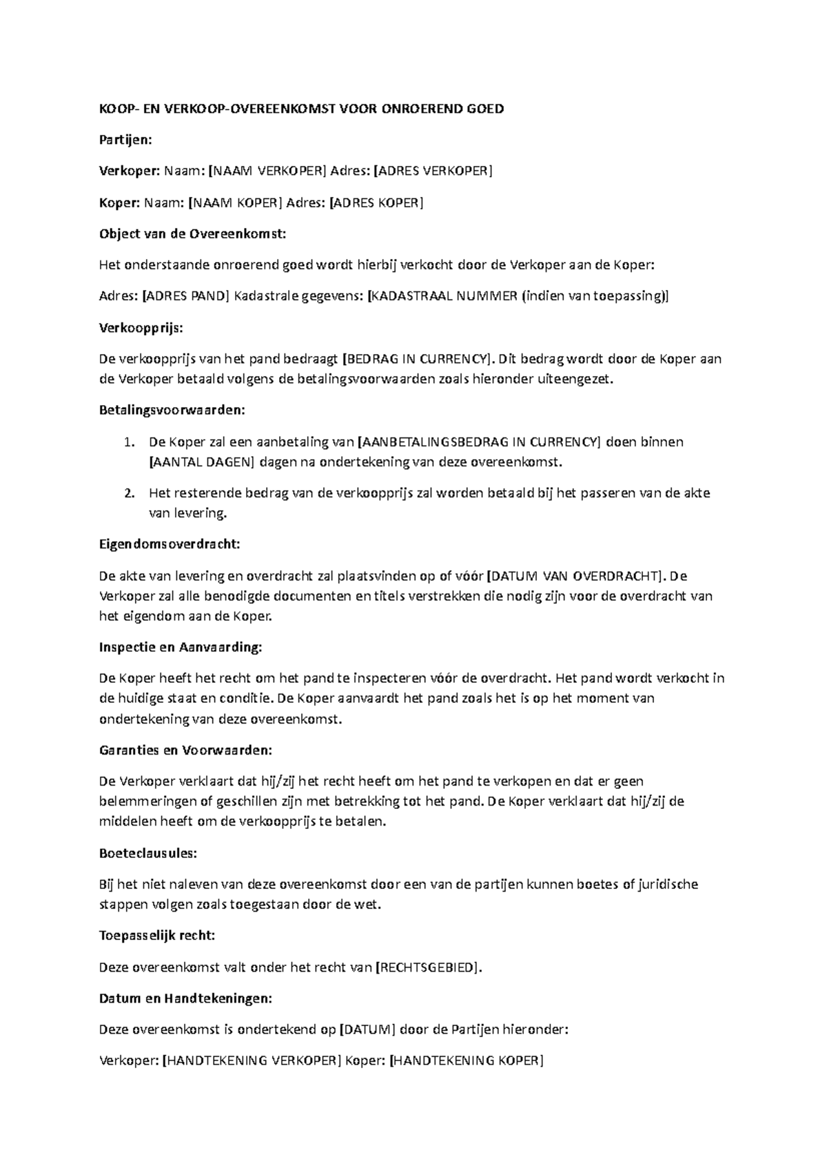 Koopovereenkomst format - KOOP- EN VERKOOP-OVEREENKOMST VOOR ONROEREND ...