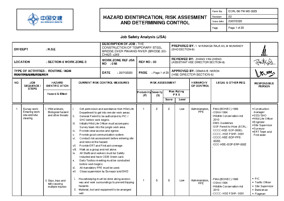 JSA 048 - The Construction of Temporary Steel Bridge with signed - HAZARD IDENTIFICATION, RISK ...