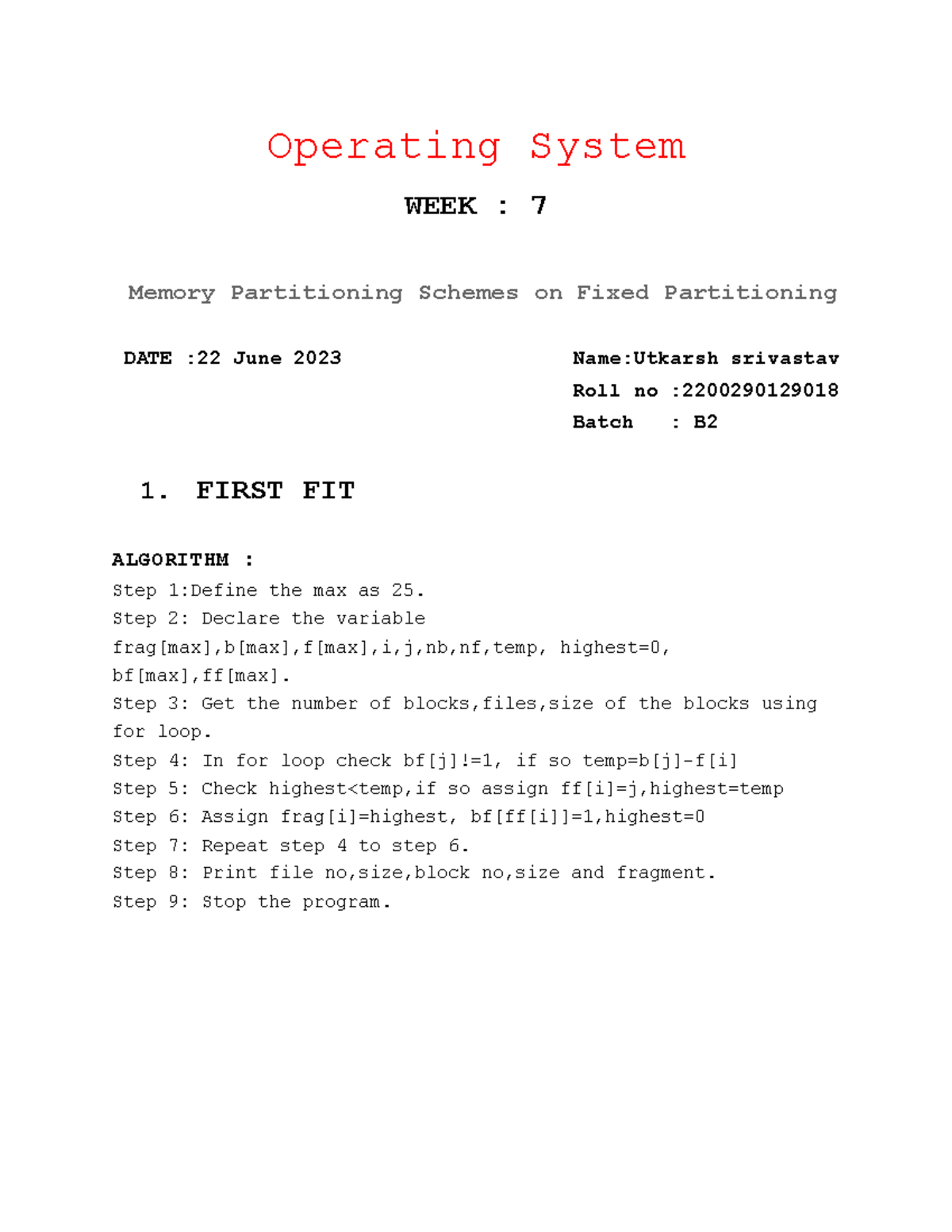 Os Lab Memory Partitioning Utkarsh Operating System Week 7 Memory Partitioning Schemes On