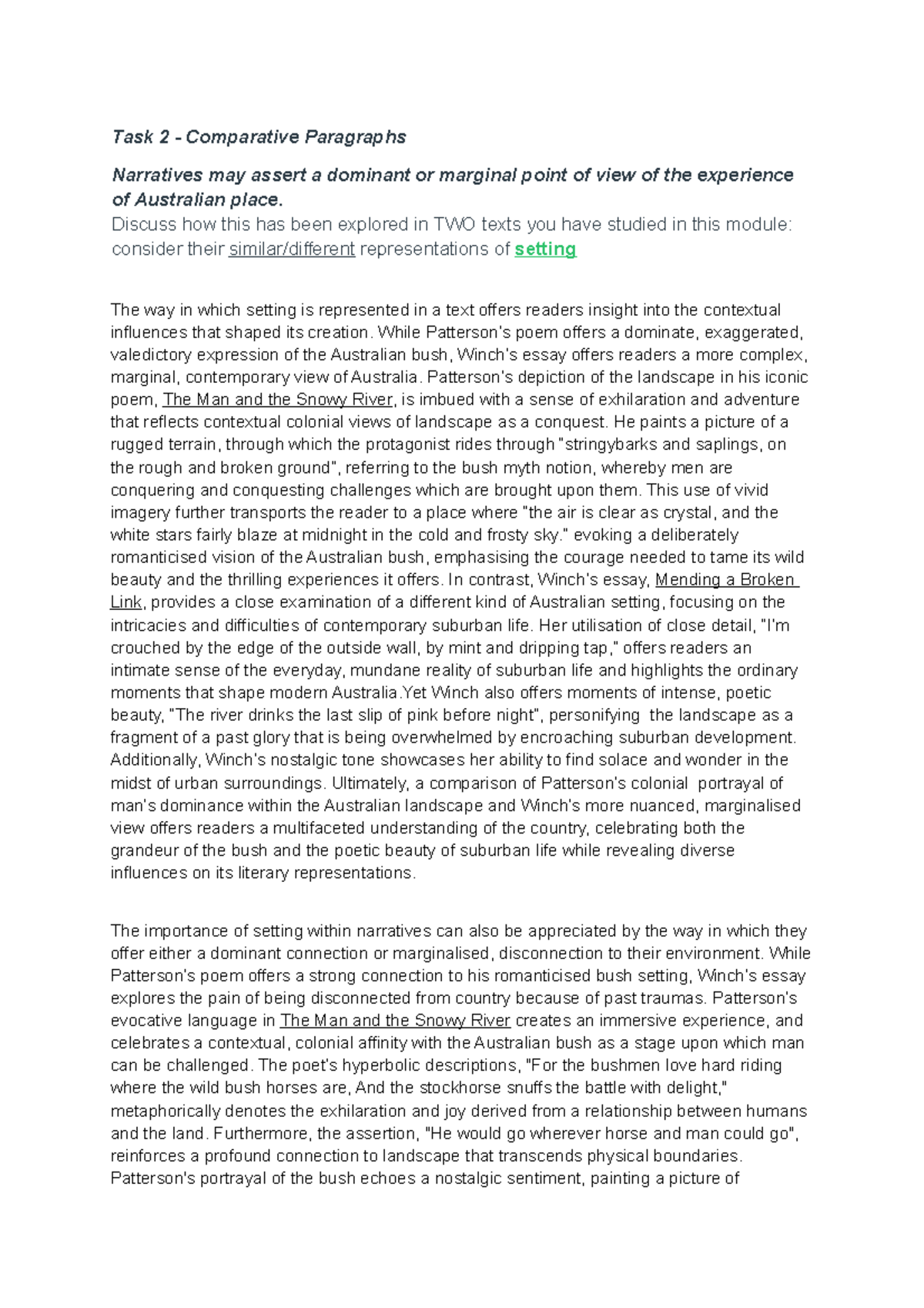 english essay assignment - Task 2 - Comparative Paragraphs Narratives ...