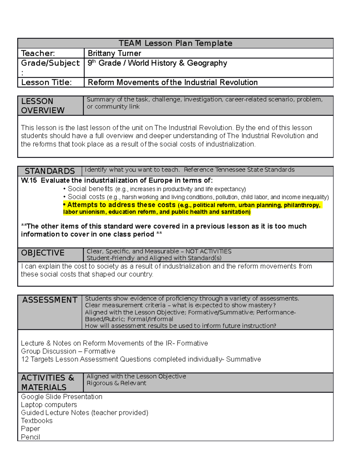 TEAM Lesson Plan - By the end of this lesson students should have a ...