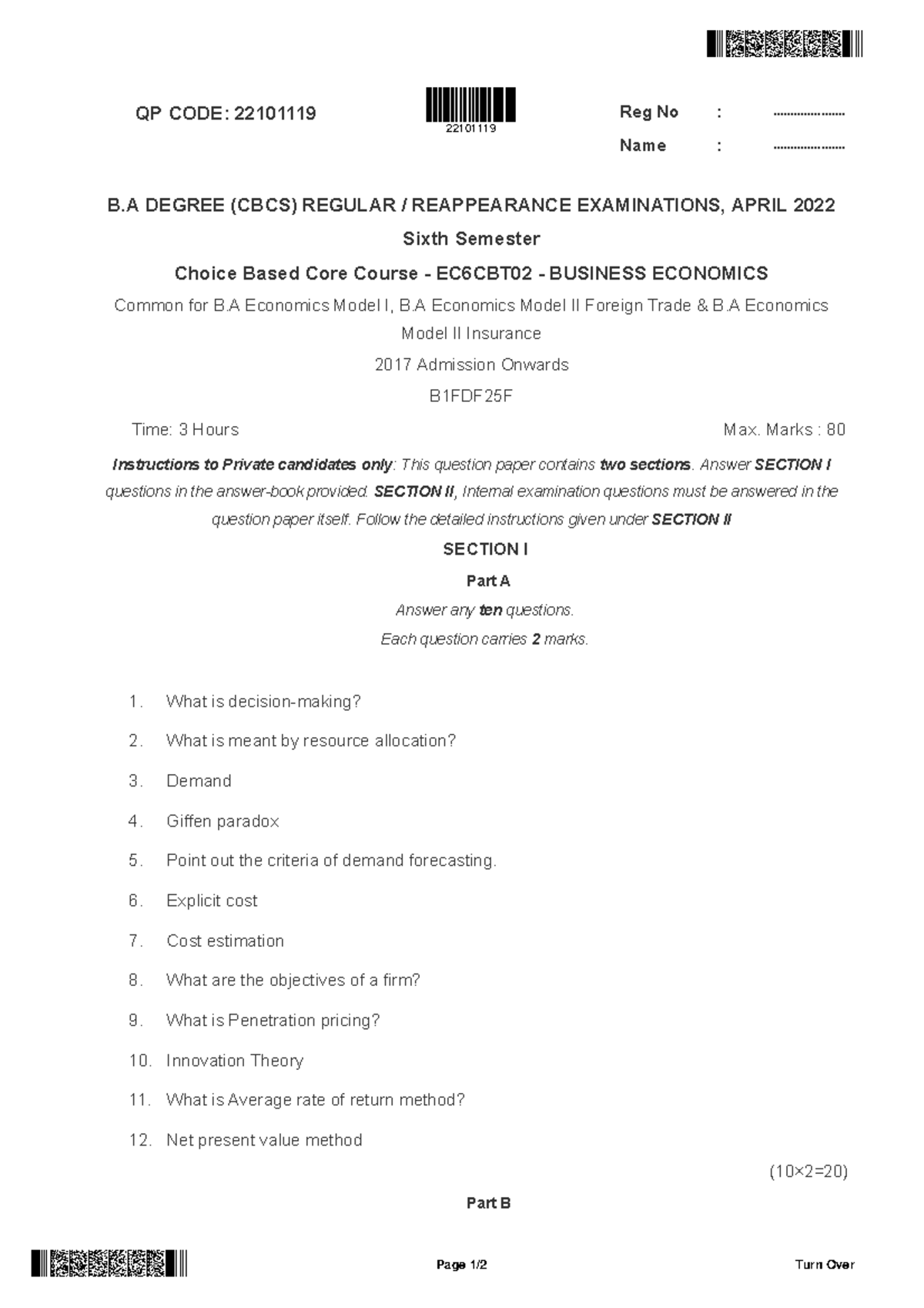 22101119 - QP CODE: 22101119 Reg No : ..................... Name ...