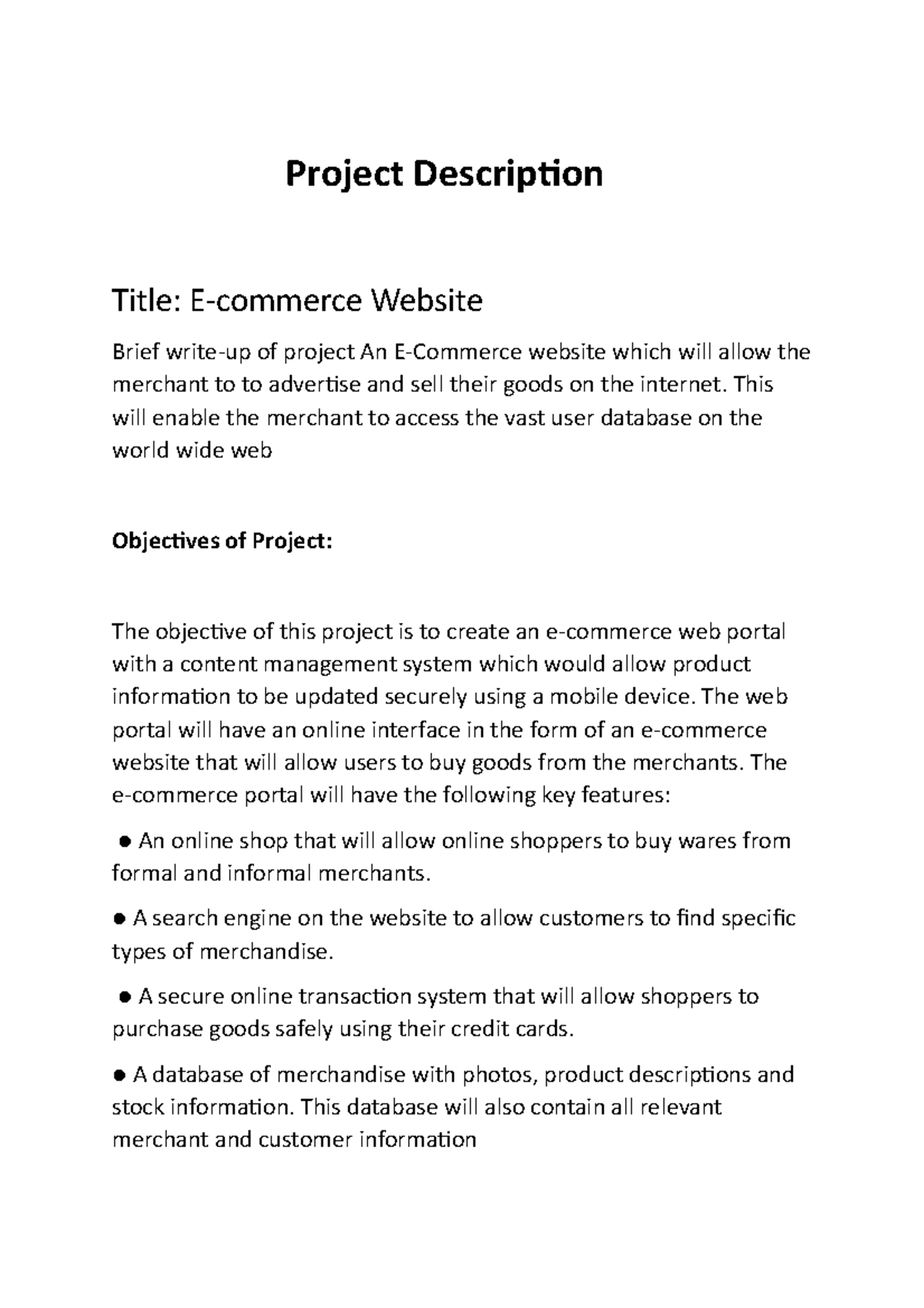Project Synopsis - Project Description Title: E-commerce Website Brief ...