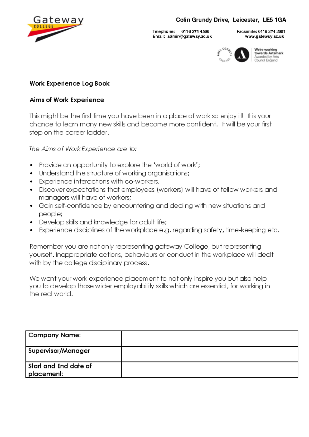 WEX Log Book - Work - Work Experience Log Book Aims of Work Experience ...