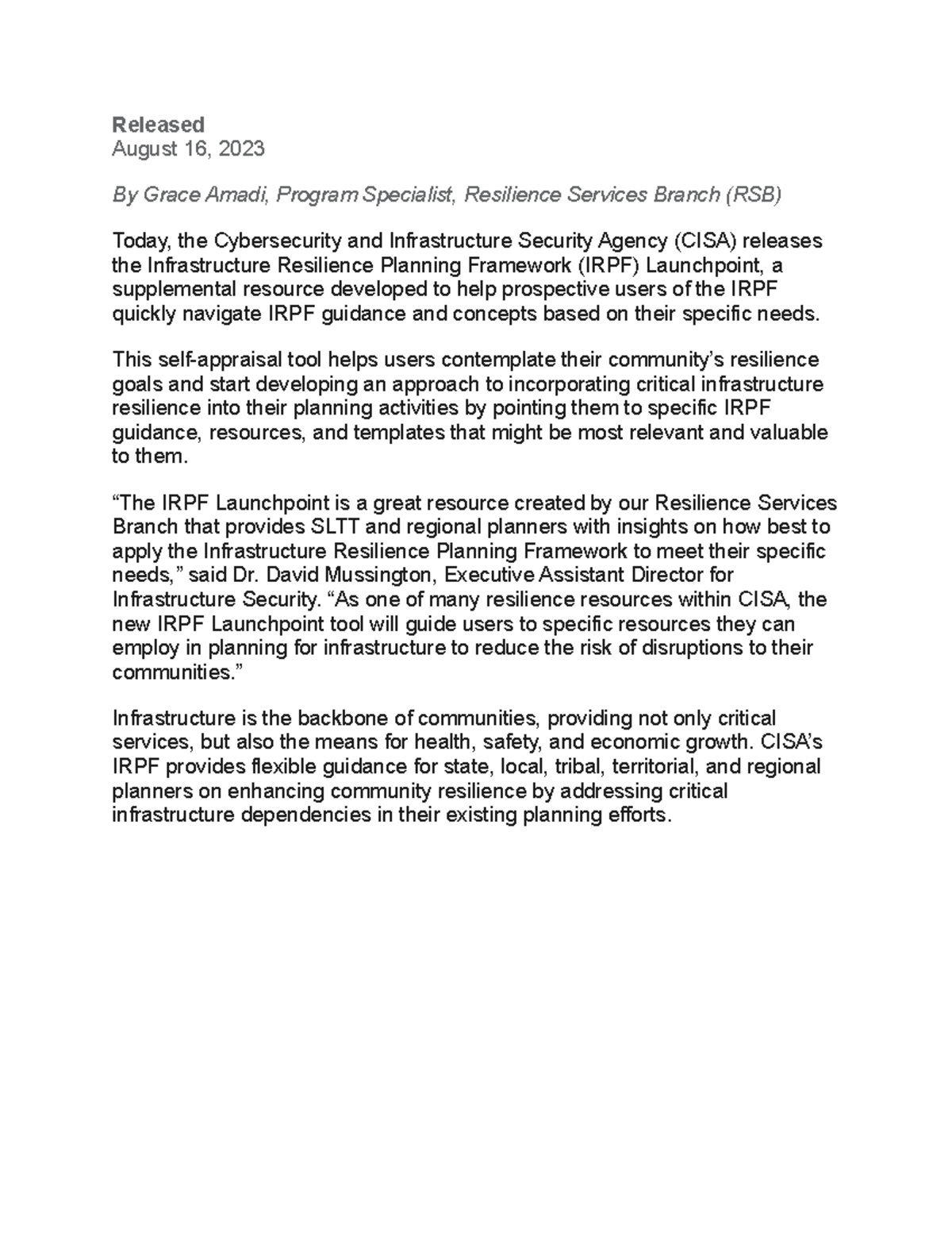 CISA Releases Infrastructure Resilience Planning Framework Launchpoint ...