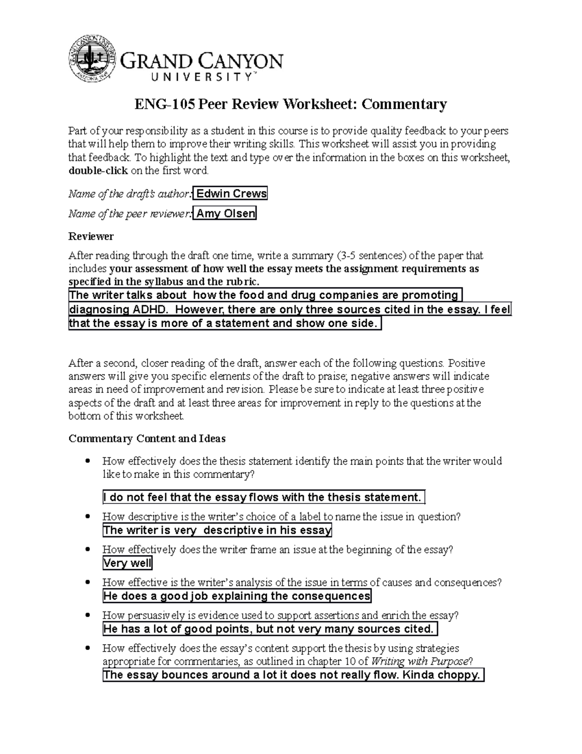 Commentary Peer Review - ENG-105 Peer Review Worksheet: Commentary Part ...