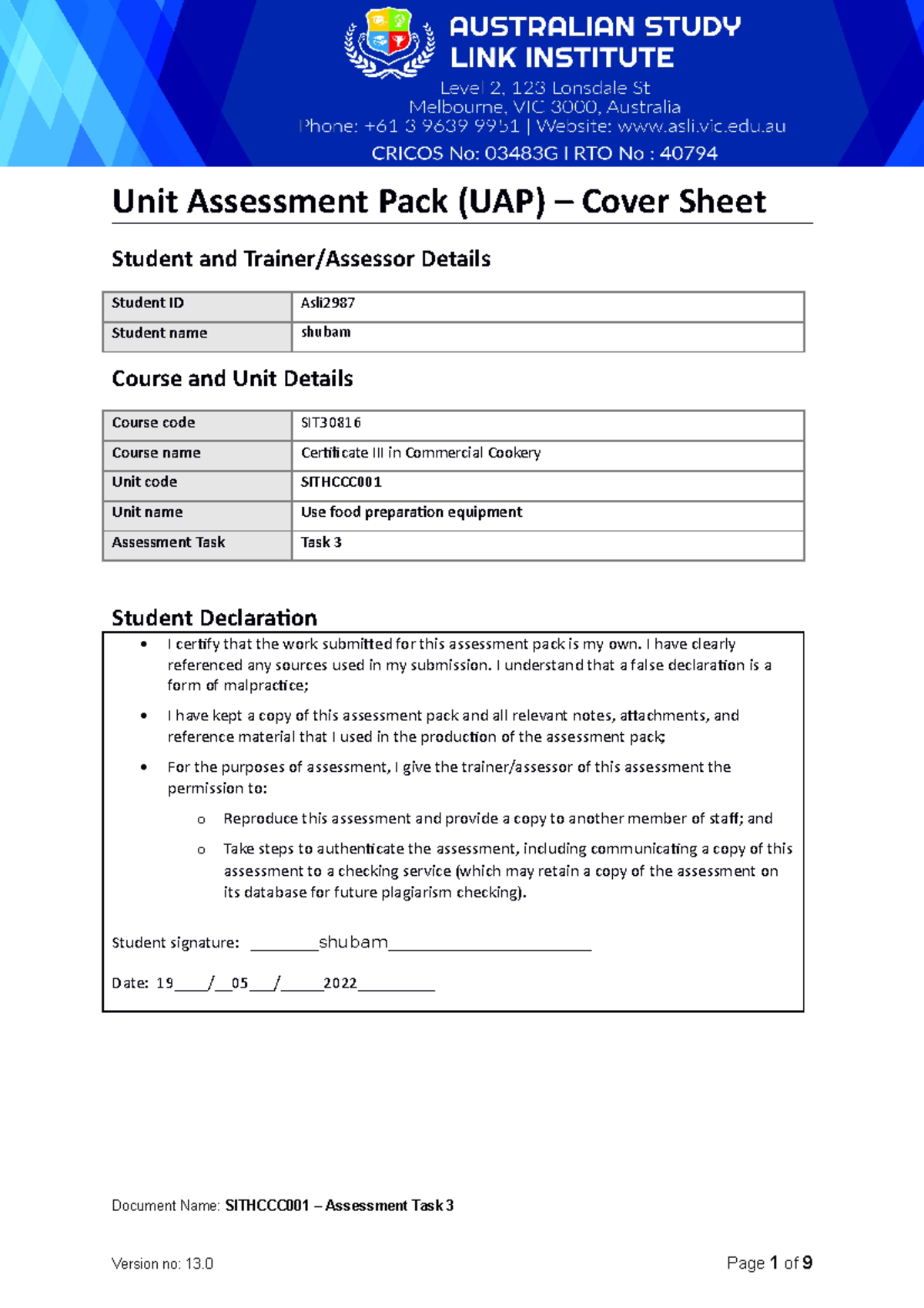 Unit Assessment Pack - ggggggg - Unit Assessment Pack (UAP) – Cover ...
