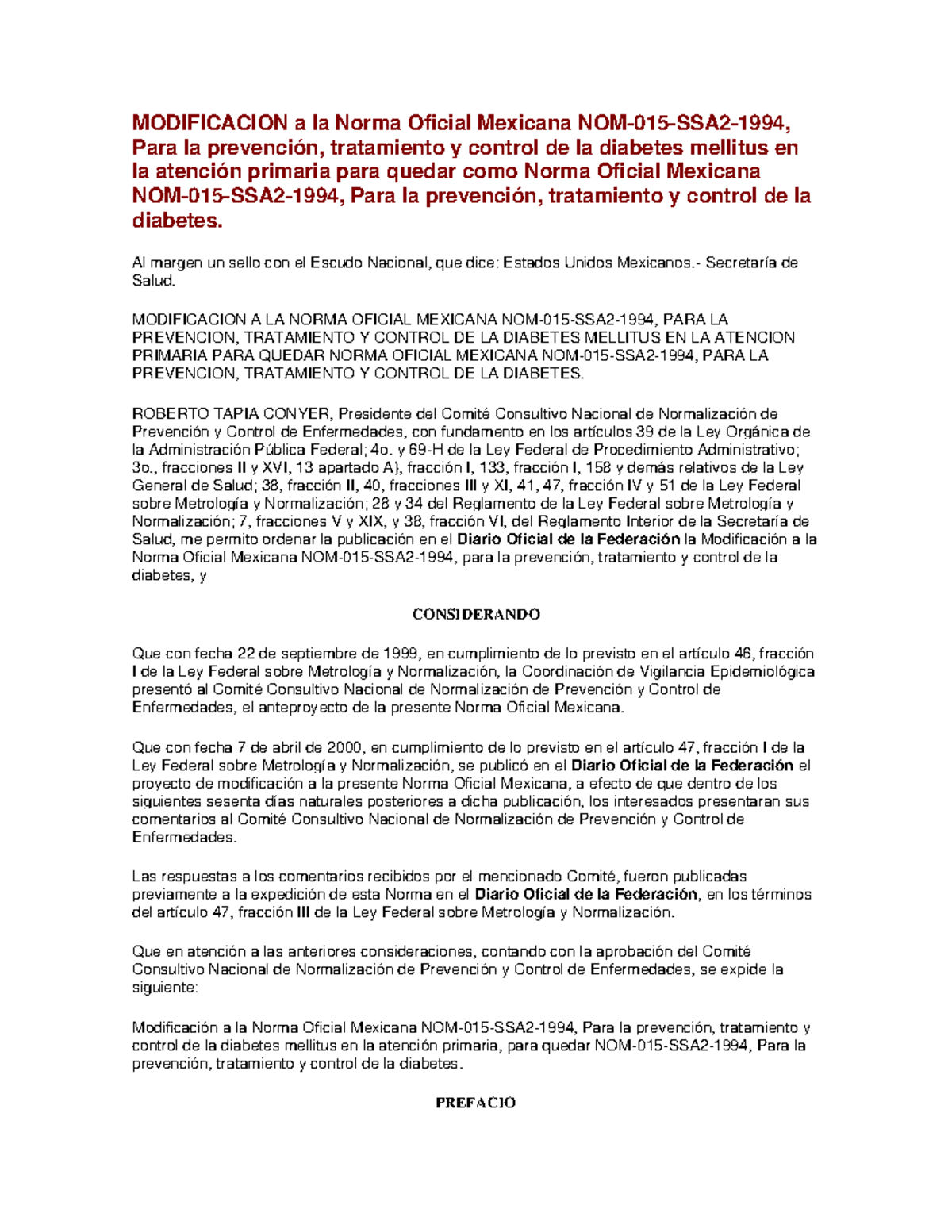 NOM-015 diabetes - NUTRICION - MODIFICACION a la Norma Oficial Mexicana ...