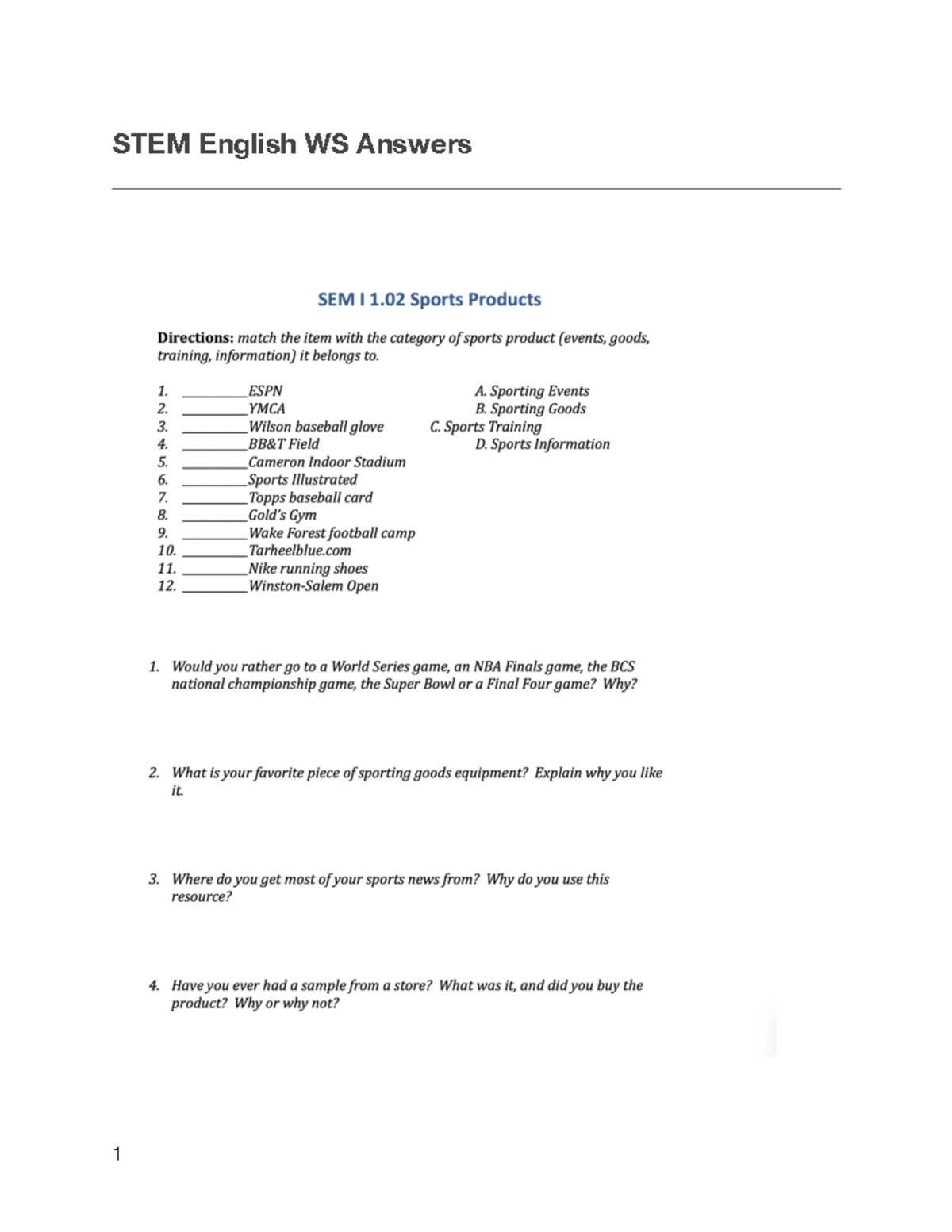 STEM English WS Answers Sports Products - STEM English WS Answers 1 ...