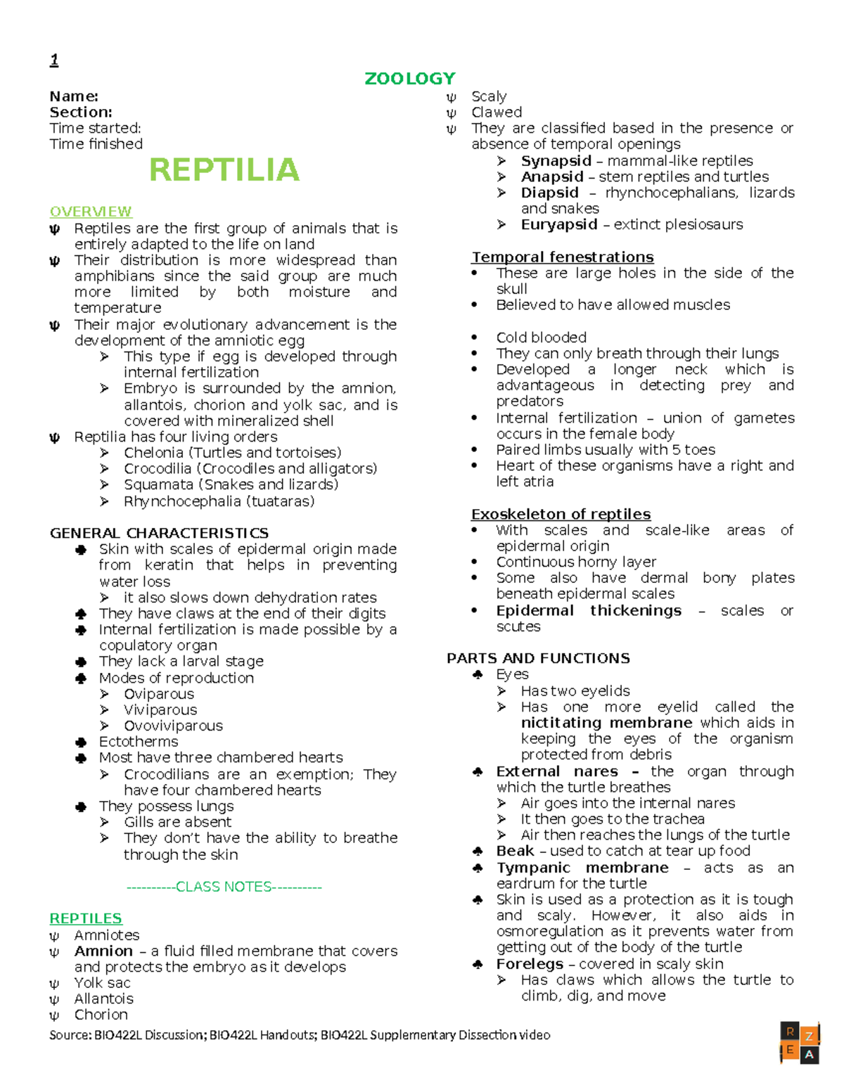 Zoology Laboratory ACT12 Reptiles - 1 ZOOLOGY Name: Section: Time ...
