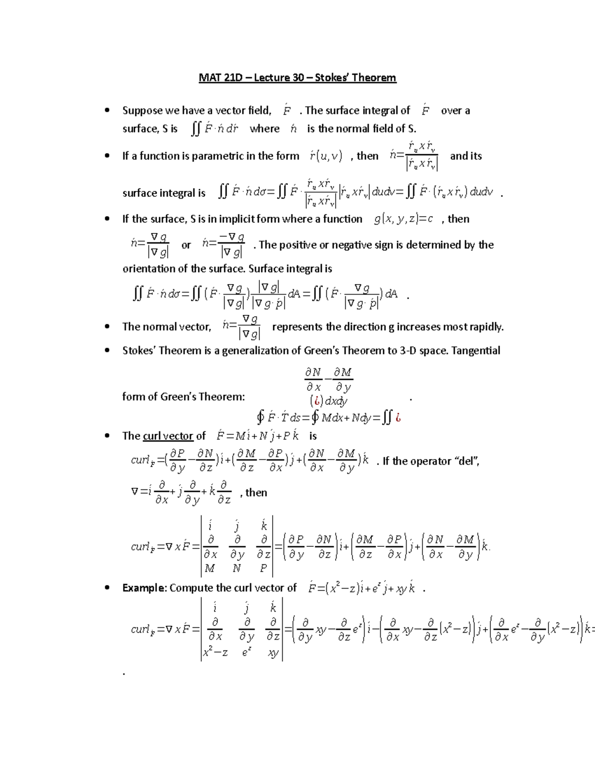 MAT 21D – Lecture 30 – Stokes’ Theorem - MAT 21D – Lecture 30 – Stokes’ Theorem Suppose we have ...