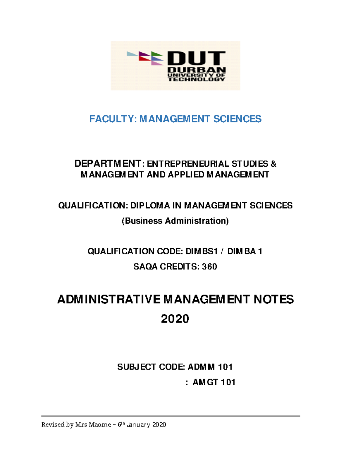 Management 1 - FACULTY: M ANAGEM ENT SCIENCES DEPARTM ENT ...