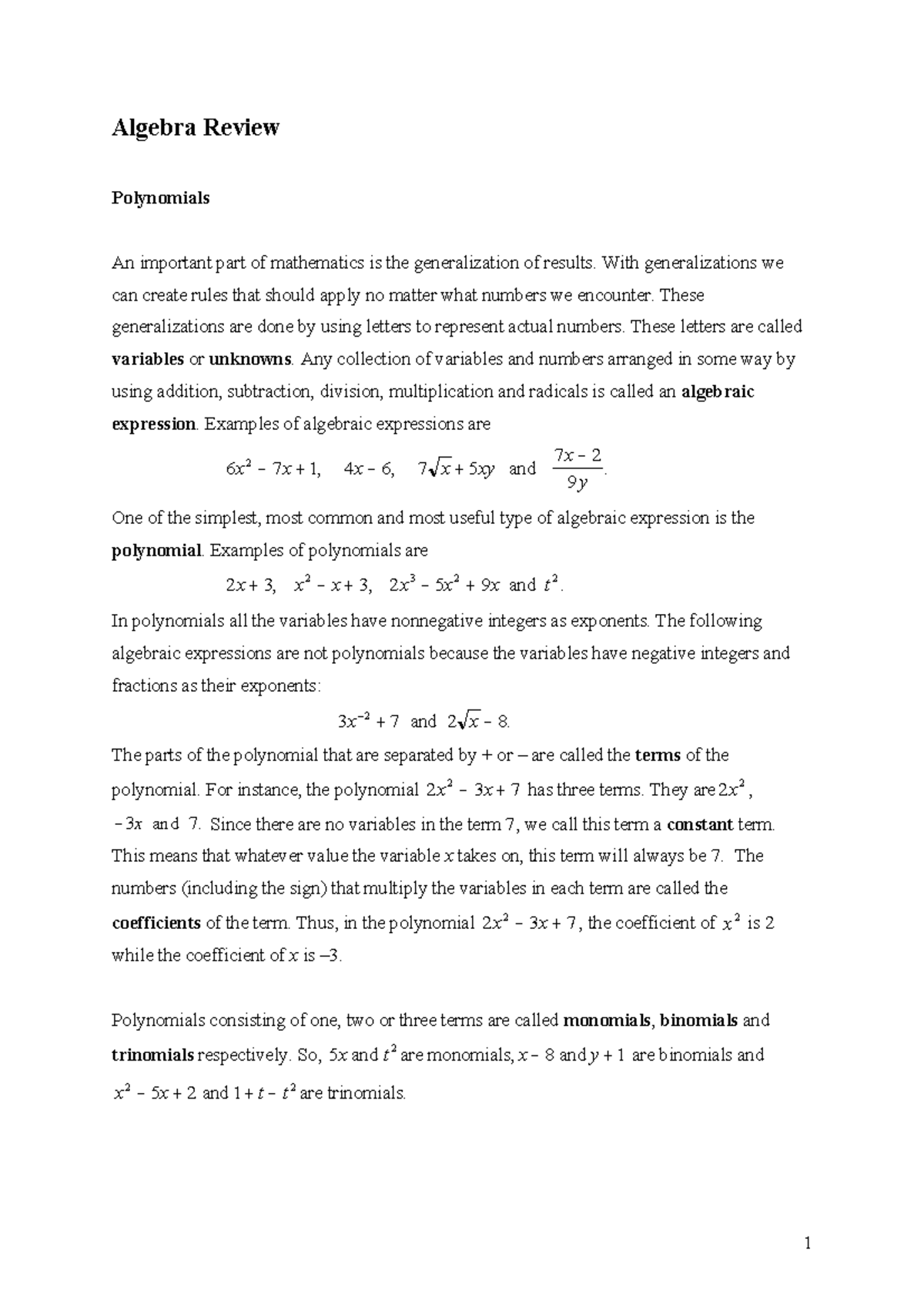 Algebra Review Quadratic and Cubic Eqns - Algebra Review Polynomials An ...