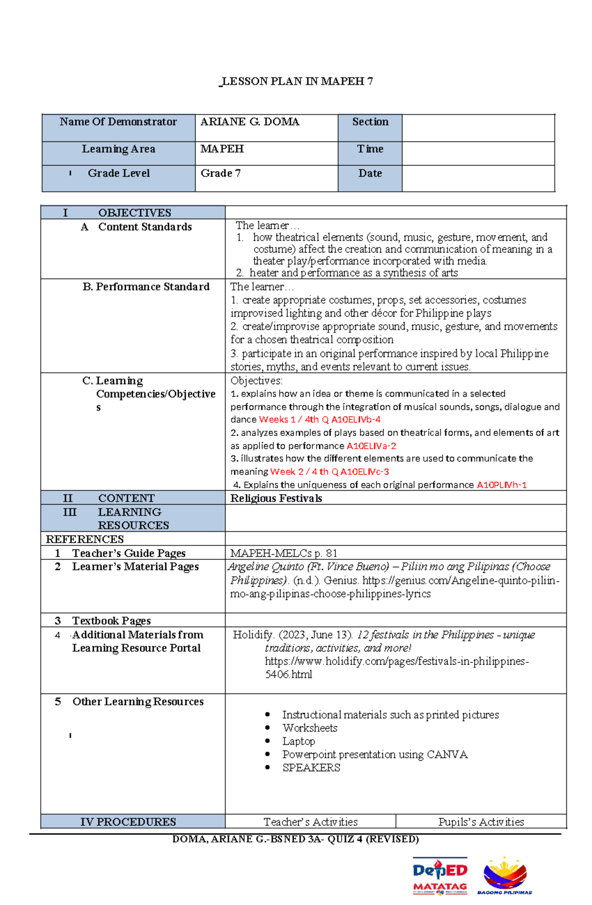 LP IN Humanities - LESSON PLAN IN MAPEH 7 Name Of Demonstrator ARIANE G ...