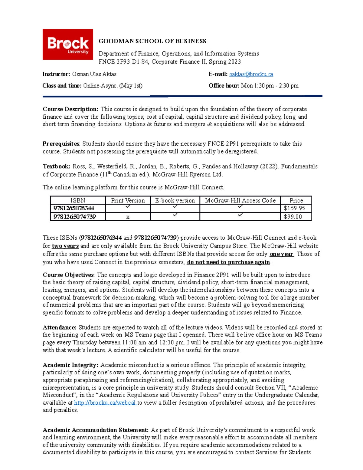 FNCE 3P93-Spring 2023 Course Outline Sec 4-Async - GOODMAN SCHOOL OF ...